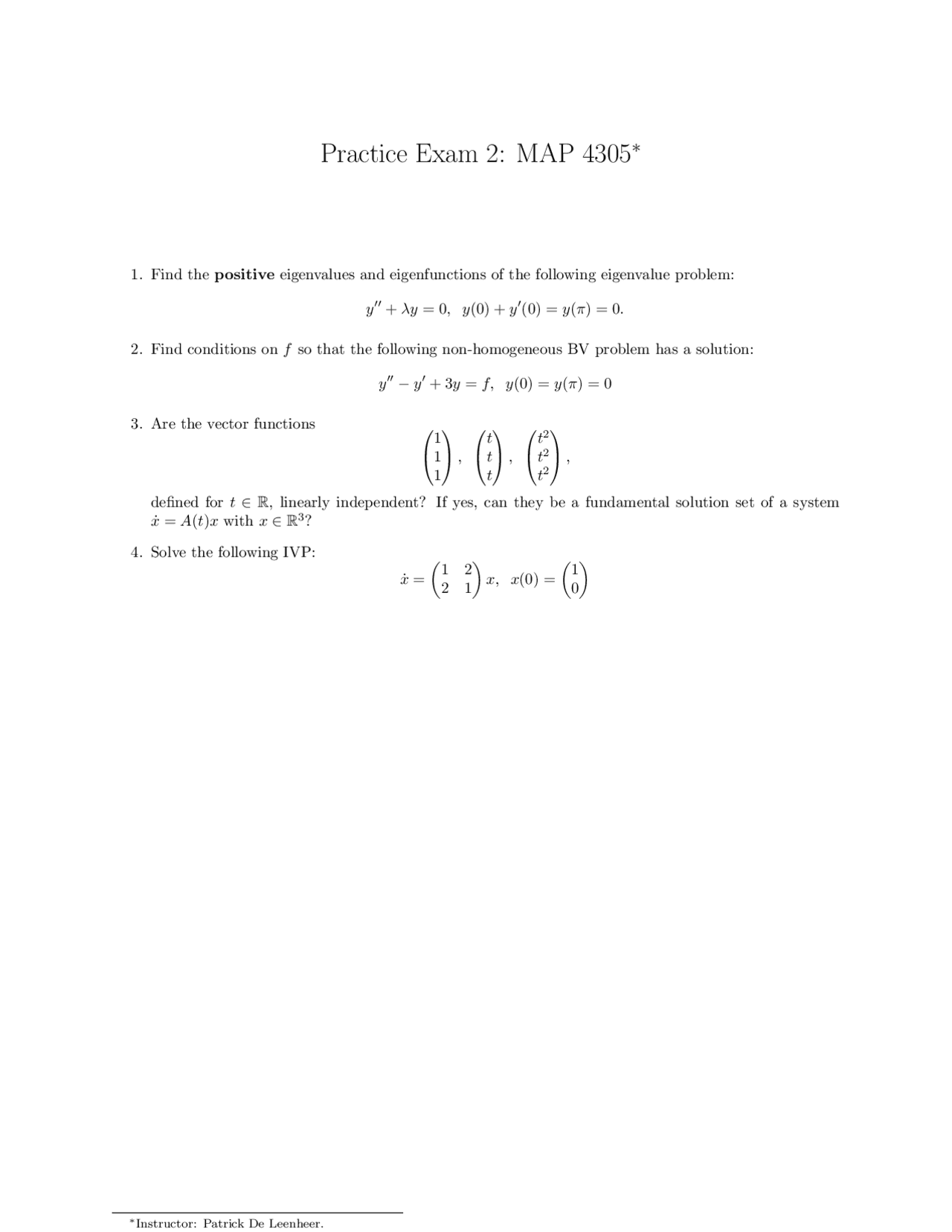 4 Problems On The Vector Functions Examination 2 Map 4305 Docsity