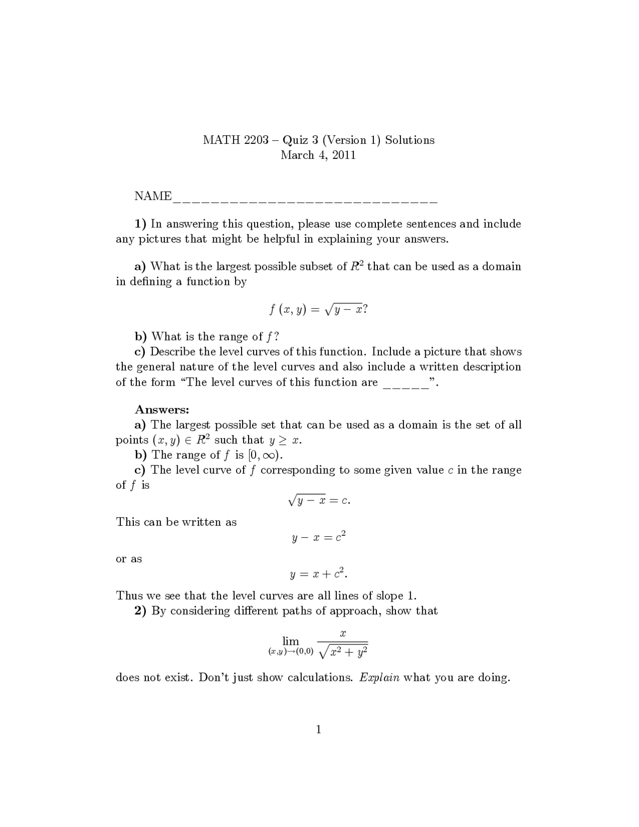 Quiz 3A with Solutions - Calculus III - Fall 2011 | MATH 2203 - Docsity