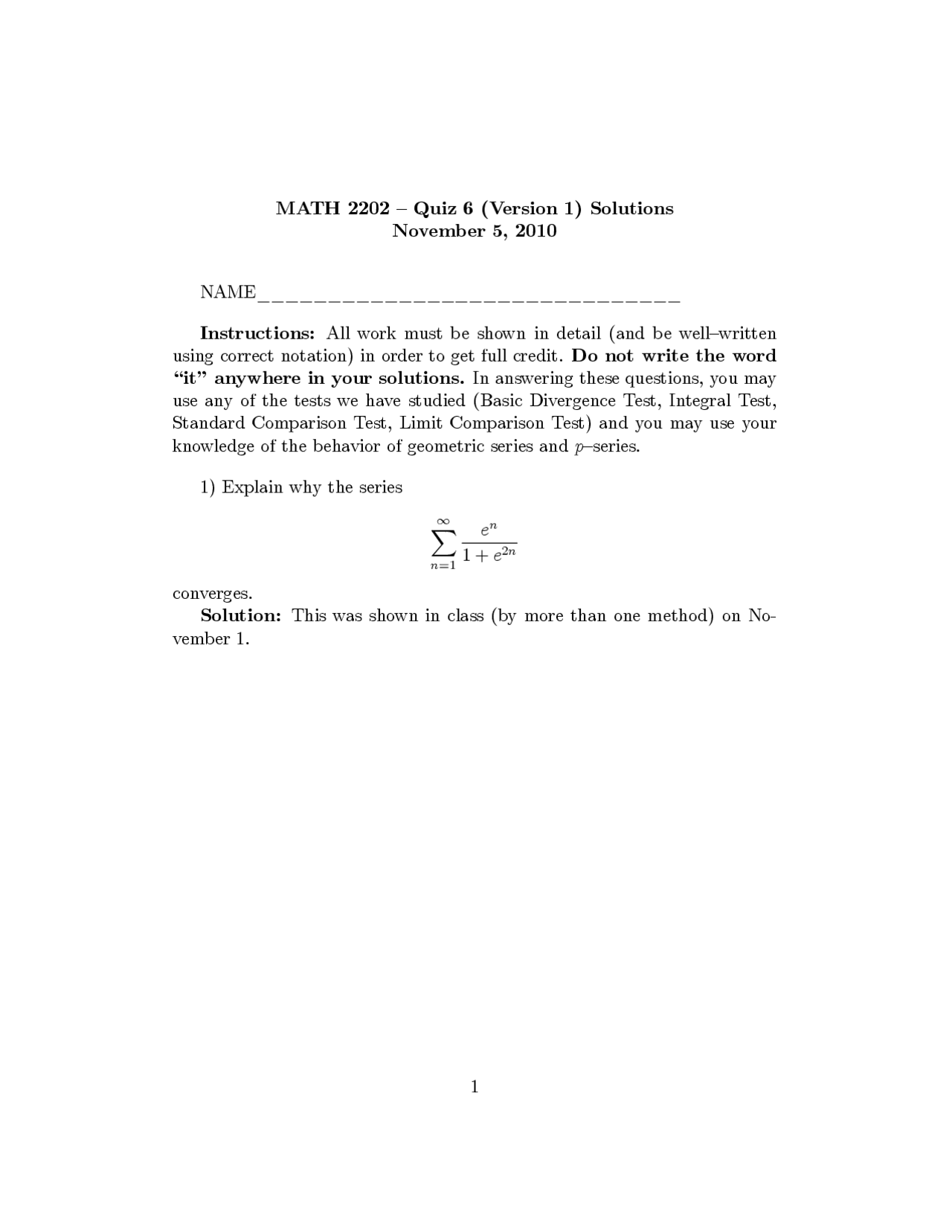 Quiz 6a With Resolution Calculus Ii Fall 2010 Math 2202 Docsity
