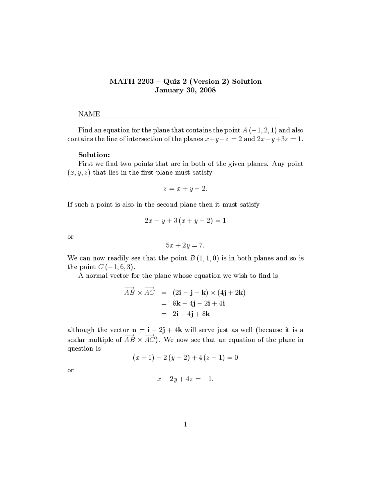 Solved Questions in Quiz 2 on the Line of Intersection Plane | MATH ...