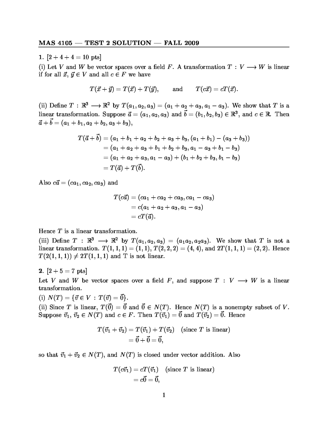 6 Questions With Answer Exam 2 Linear Algebra Mas 4105 Docsity