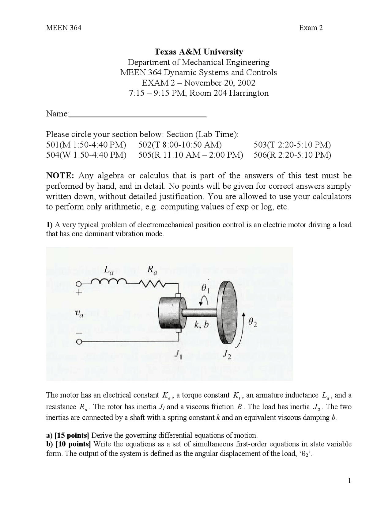 Exam 2 Dynamic Systems And Controls Fall 2002 Meen 364 Docsity