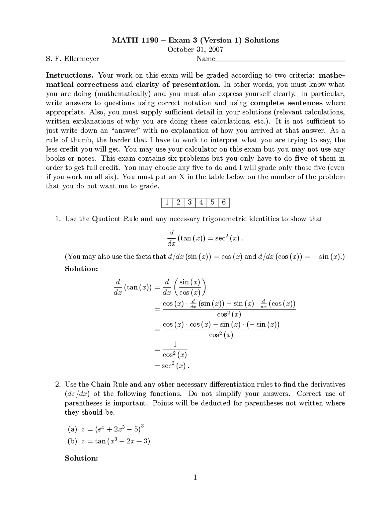 Exam 3 Solution For Calculus I Honors Version 1 Math 1190 Docsity