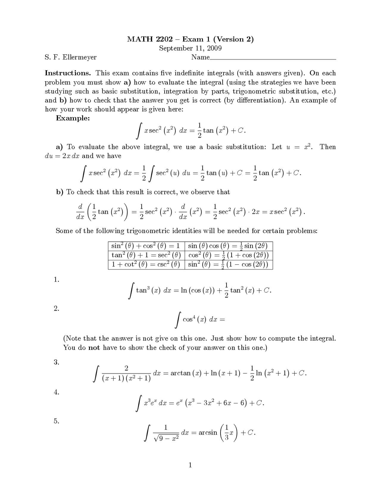 Solved 5 Questions On Calculus Ii Exam 1 Version 2 Math 2202 Docsity