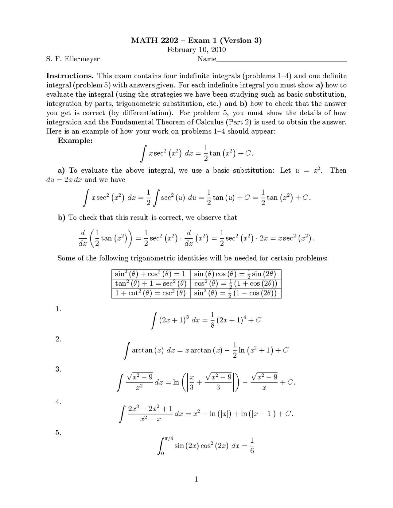 5 Problems On Indefinite Integral Exam 1 Math 2202 Docsity