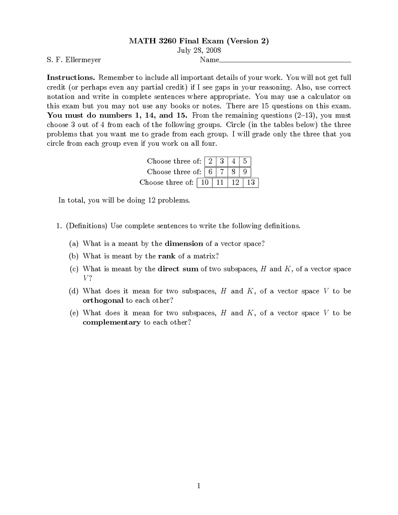 Final Exam Version 2 For Linear Algebra I Math 3260 Docsity