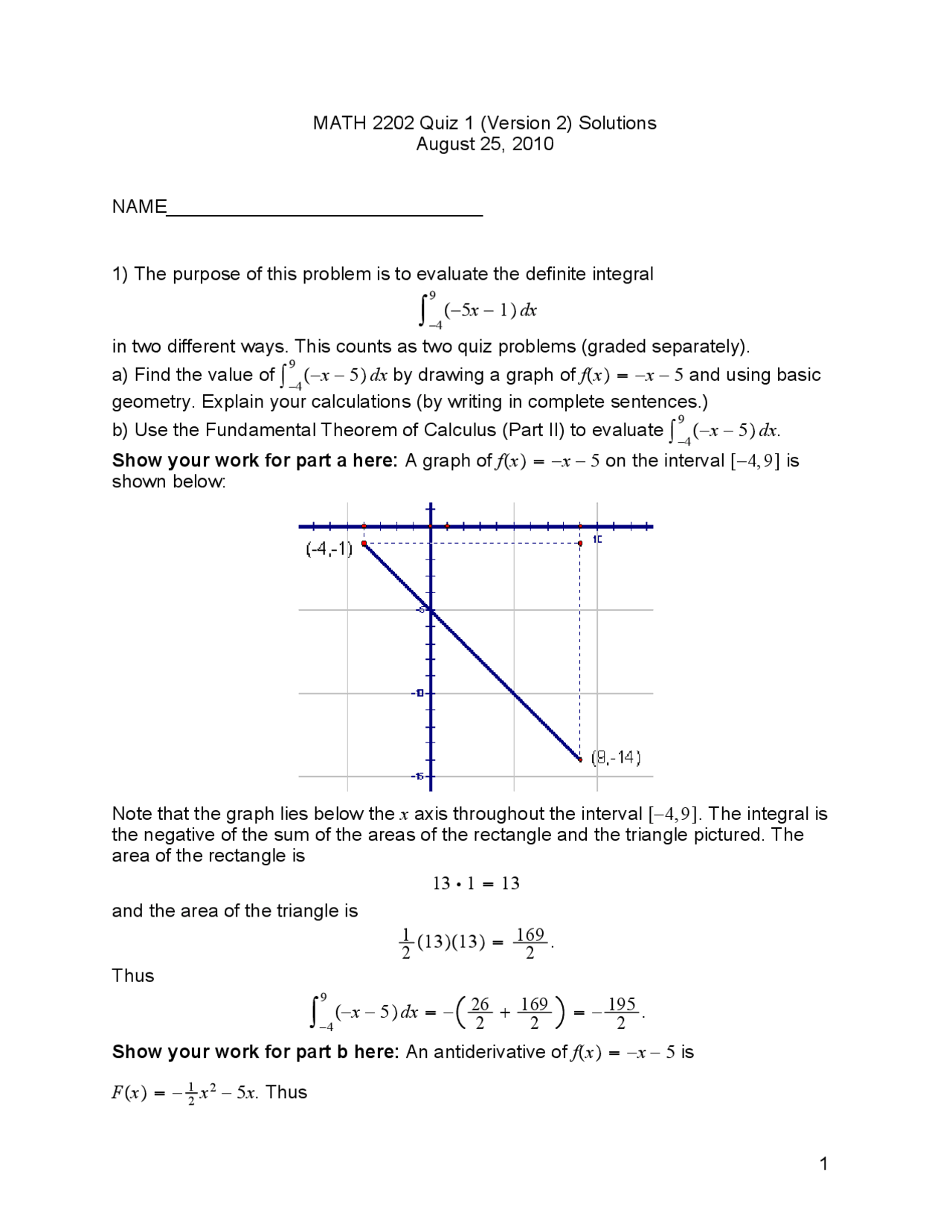 Practice Quiz 1 Solutions - Calculus II | MATH 2202 - Docsity