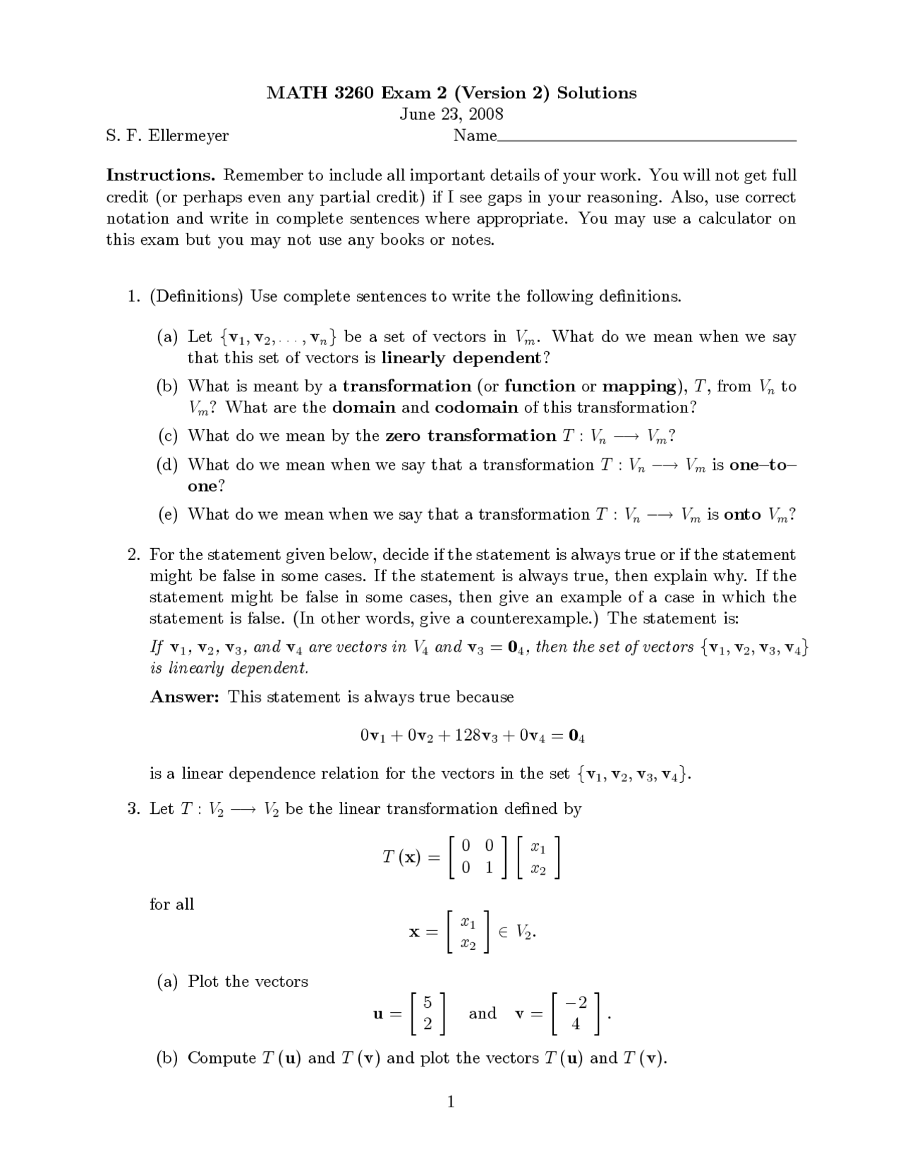 Solutions For Exam 2 Version 2 Linear Algebra I Math 3260 Docsity