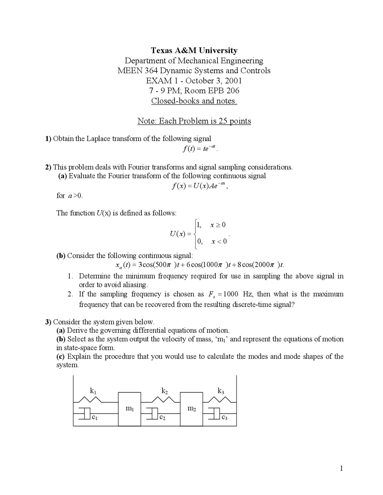 Exam 1 For Dynamic System And Controls Meen 364 Docsity