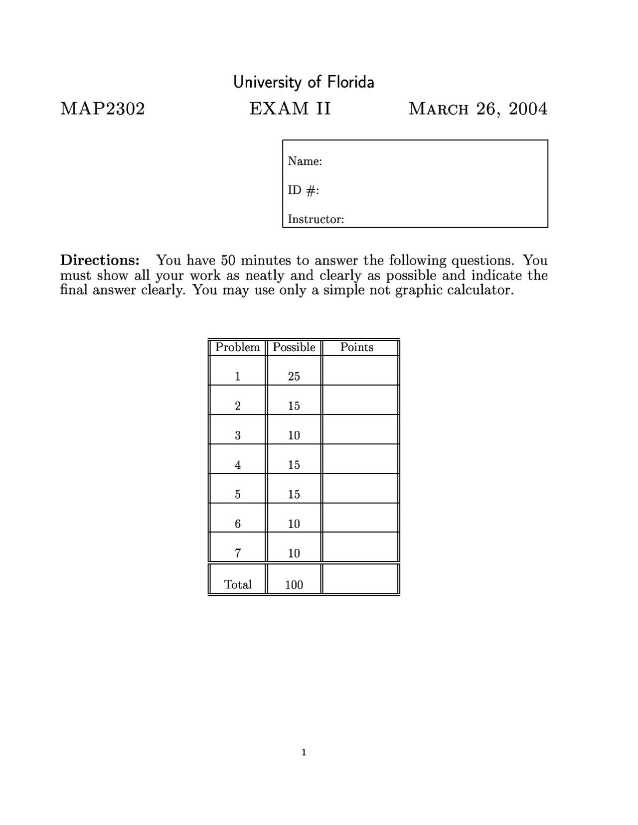 Practice Exam Elementary Differential Equations Map 2302 Docsity