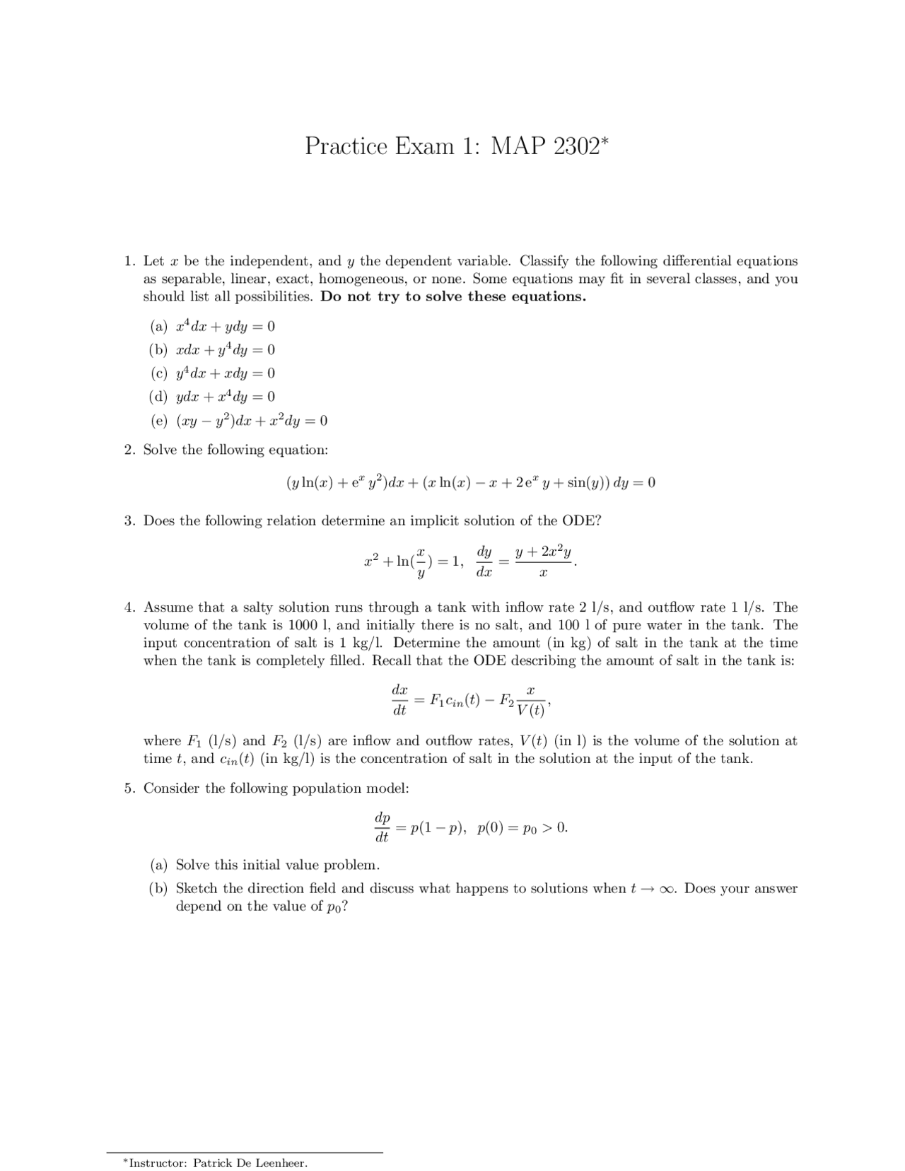 5 Questions On Elementary Differential Equations Exam 1 Map 2302