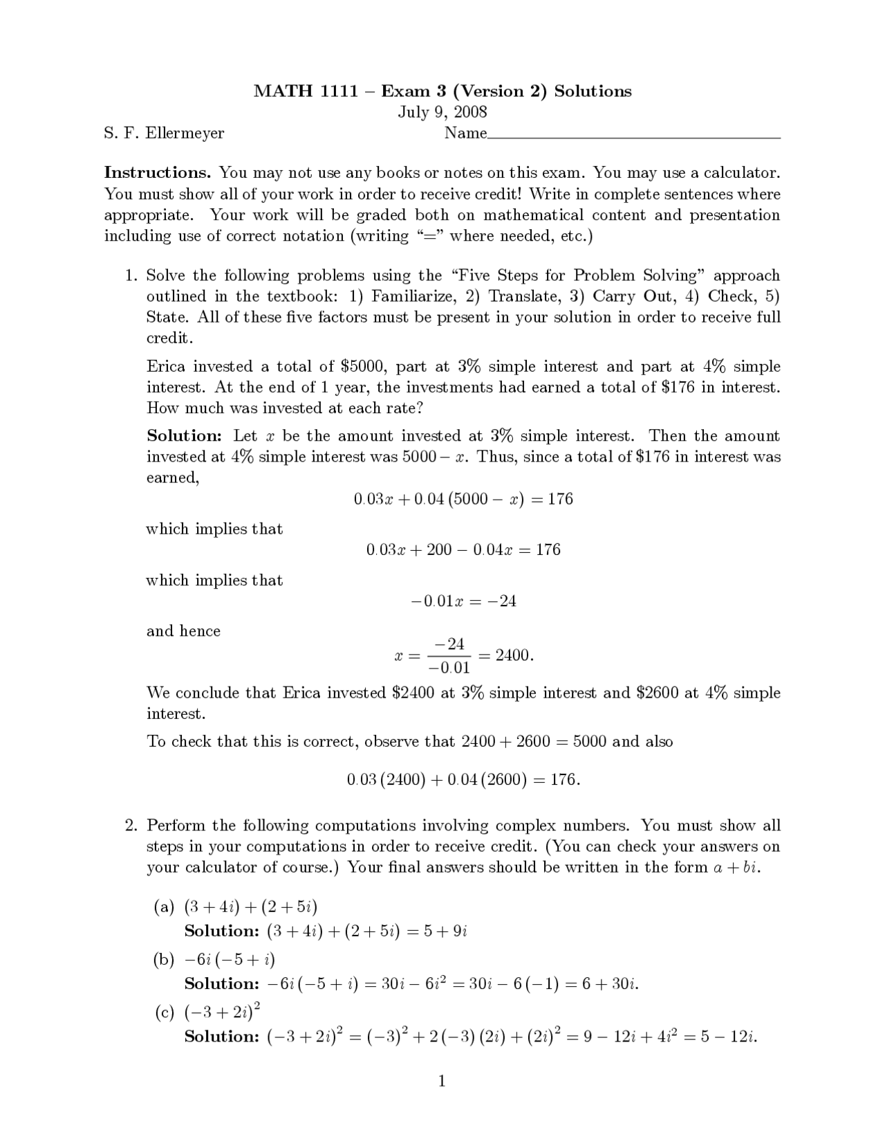 Exam 3 Questions with Solutions - College Algebra | MATH 1111 - Docsity