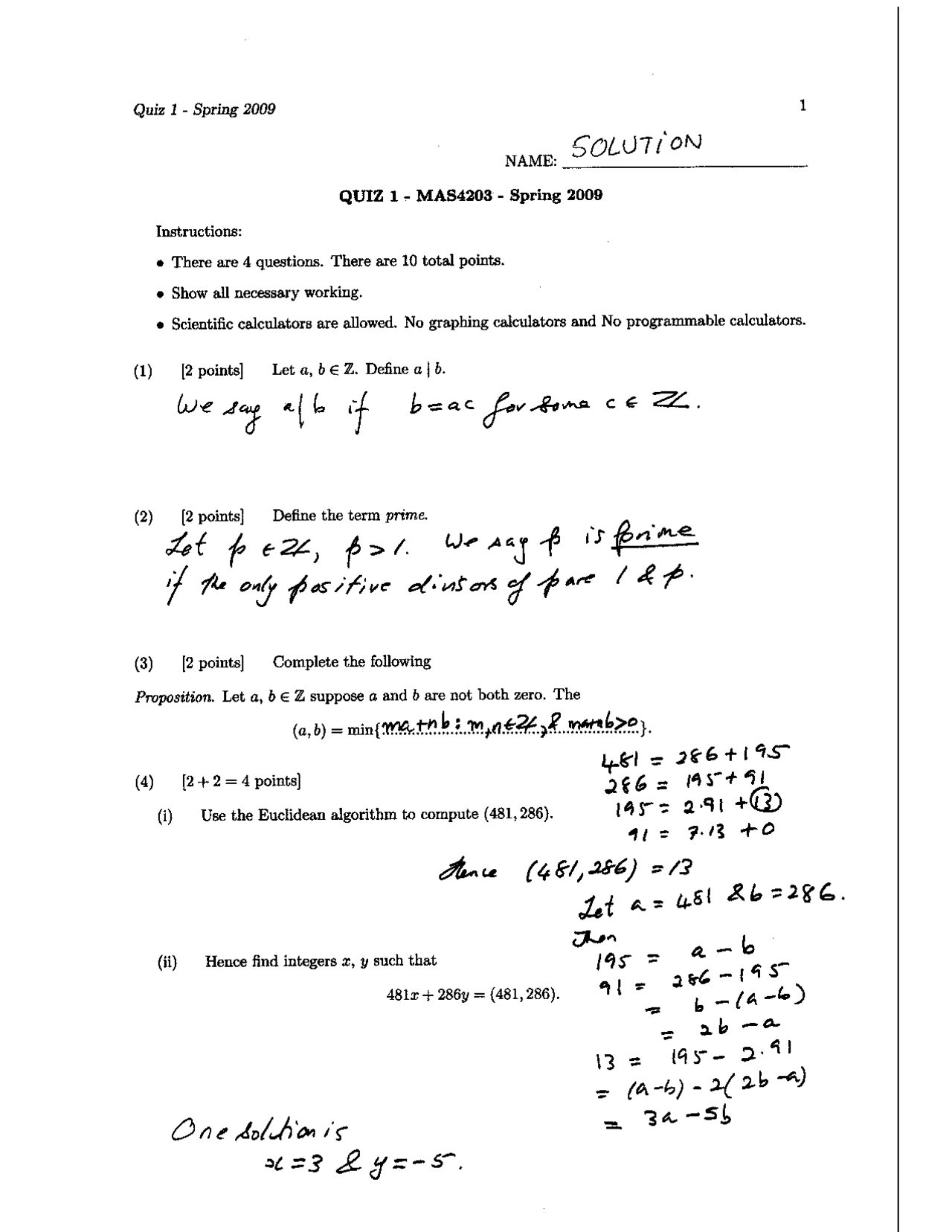Solutions Quiz 1 - Number Theory | MAS 4203 - Docsity