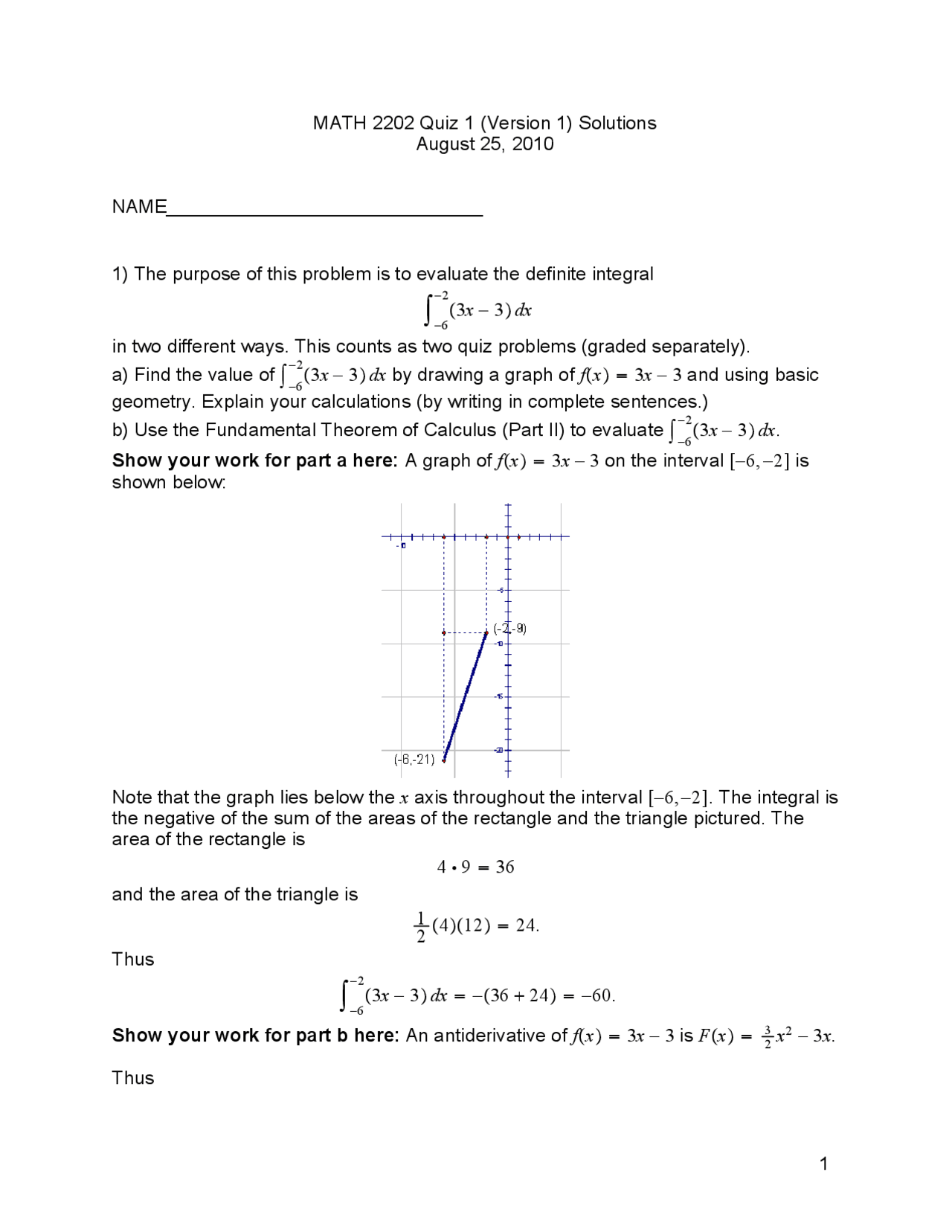 Solution of Quiz 1 - Calculus II | MATH 2202 - Docsity