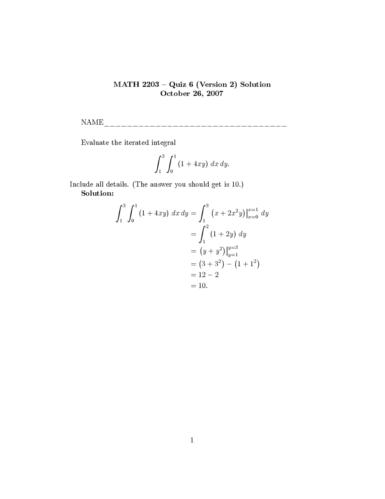 Quiz 6 Question with Solution - Calculus III | MATH 2203 - Docsity