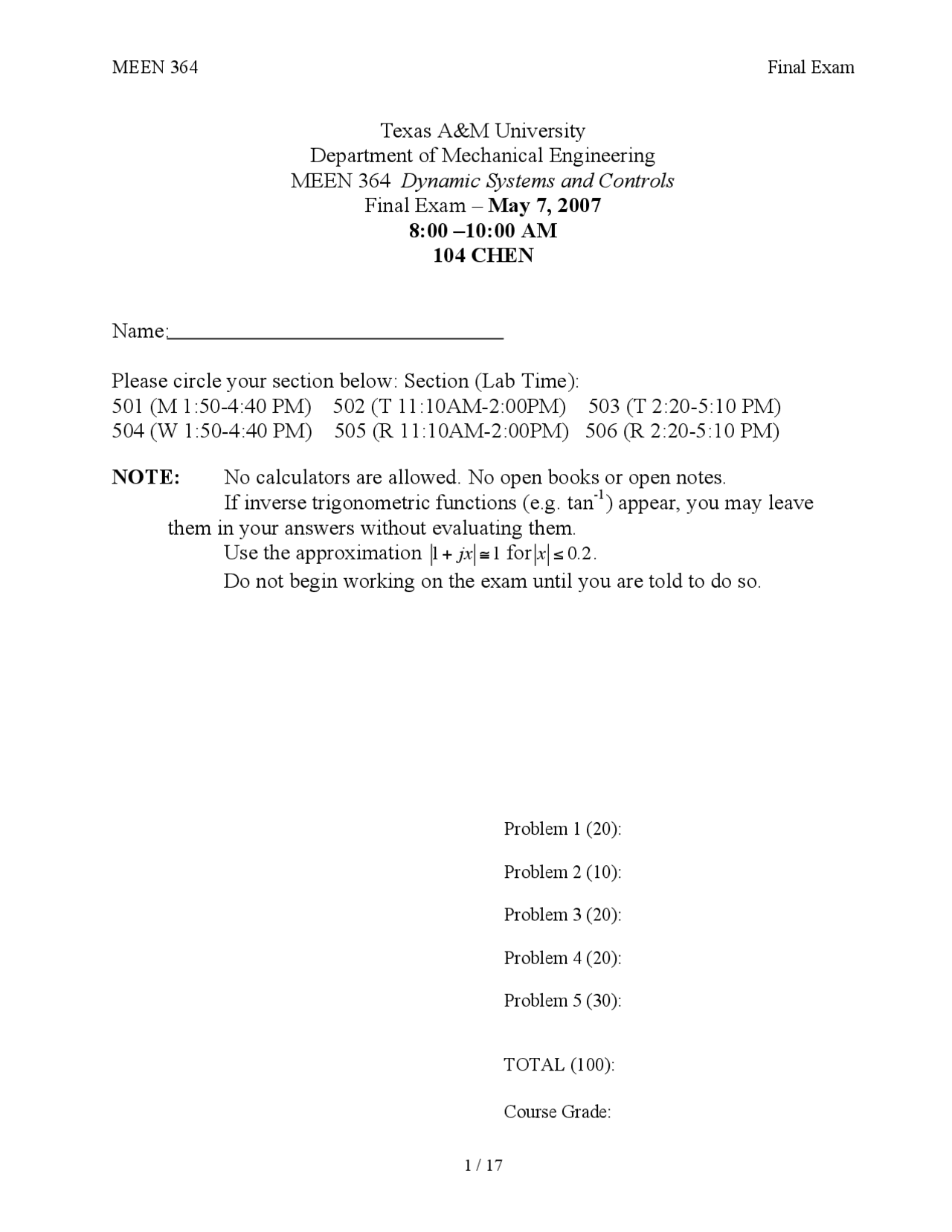 5 Solved Problems On Transfer Functions Final Exam Meen 364 Docsity