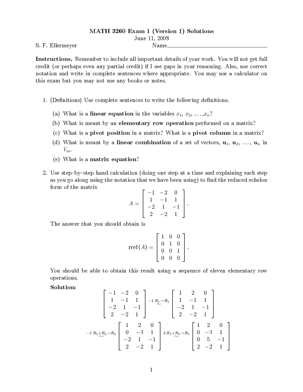 Exam 1 Solution Linear Algebra I 2008 Math 3260 Docsity