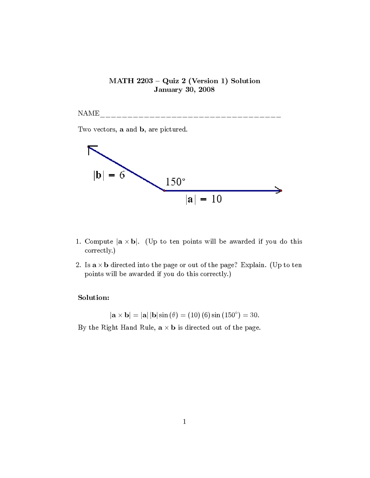 Question Solved by the Right Hand Rule - Quiz 2 | MATH 2203 | Quizzes Advanced Calculus | Docsity