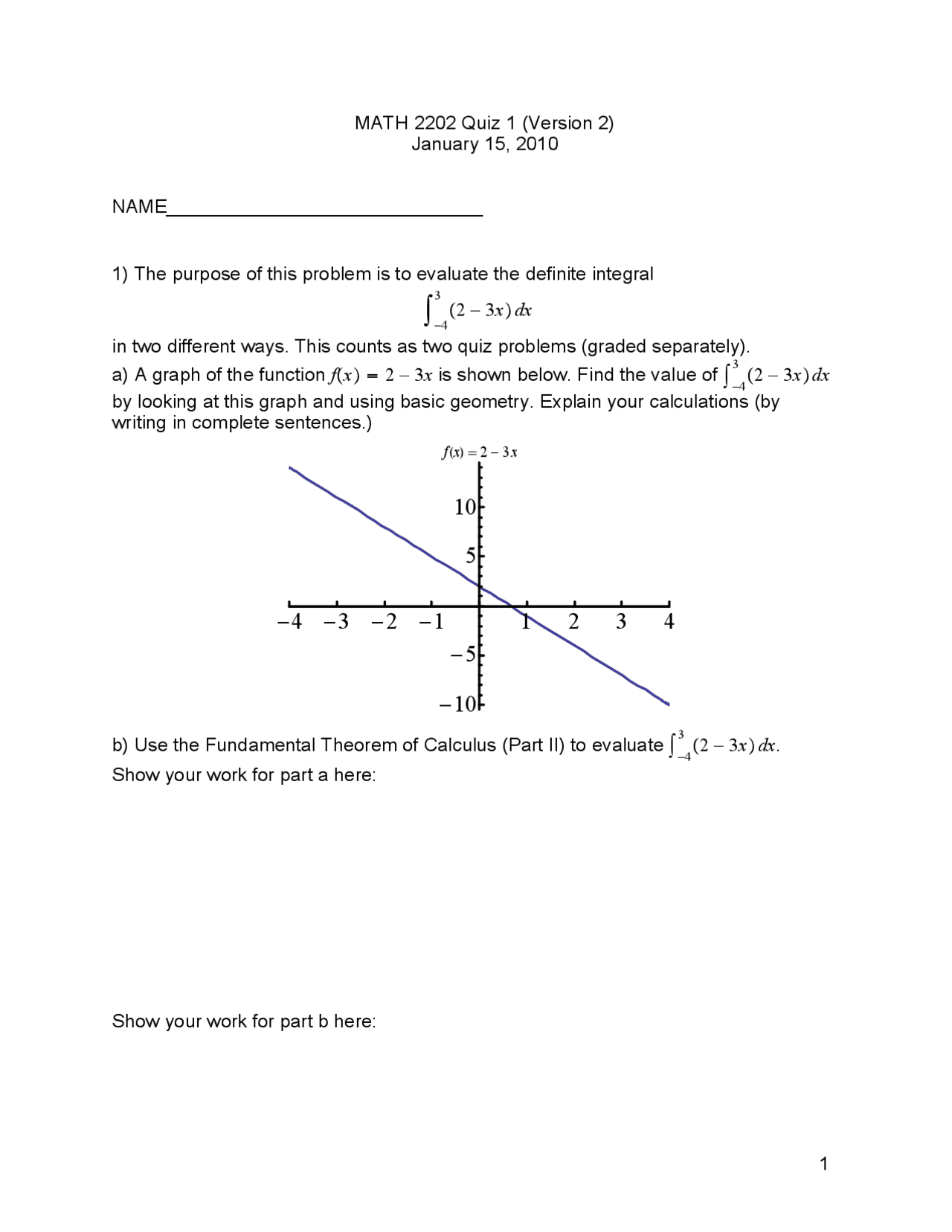 Quiz 1 With 6 Practice Problems On Calculus Ii Math 2202 Docsity