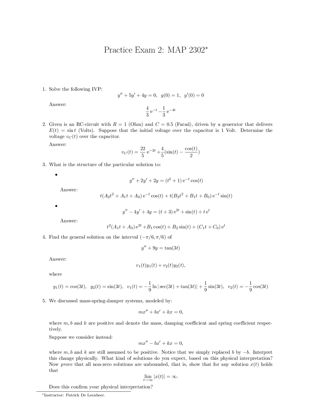 Practice Exam 2 Elementary Differential Equations Map 2302 Docsity