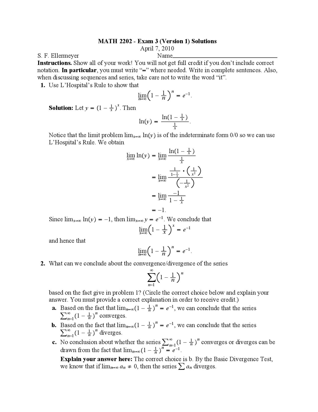 Exam 3 Solution - Calculus II - 2010 | MATH 2202 | Exams Calculus - Docsity