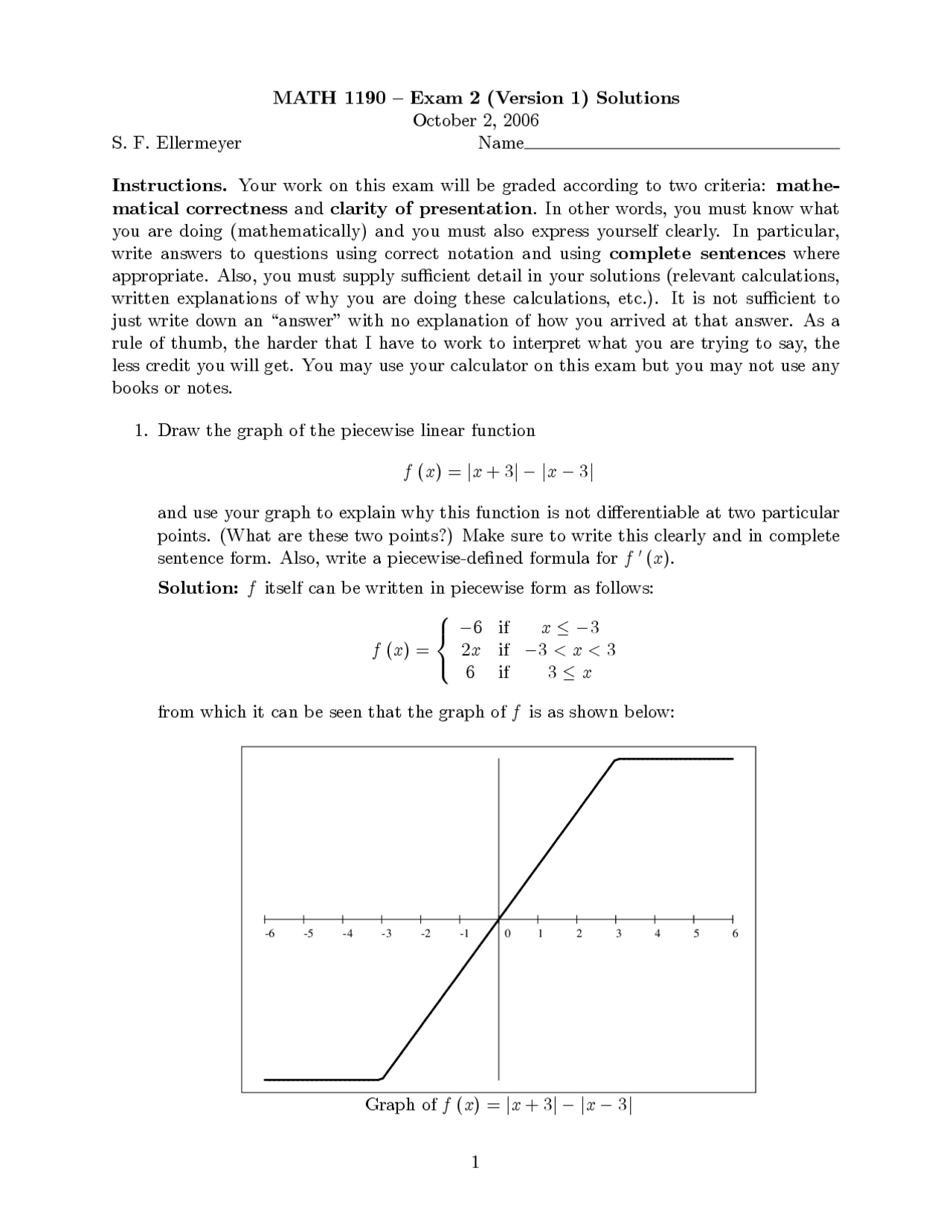 Practice Exam 2 Solutions Calculus I Honors Math 1190 Docsity