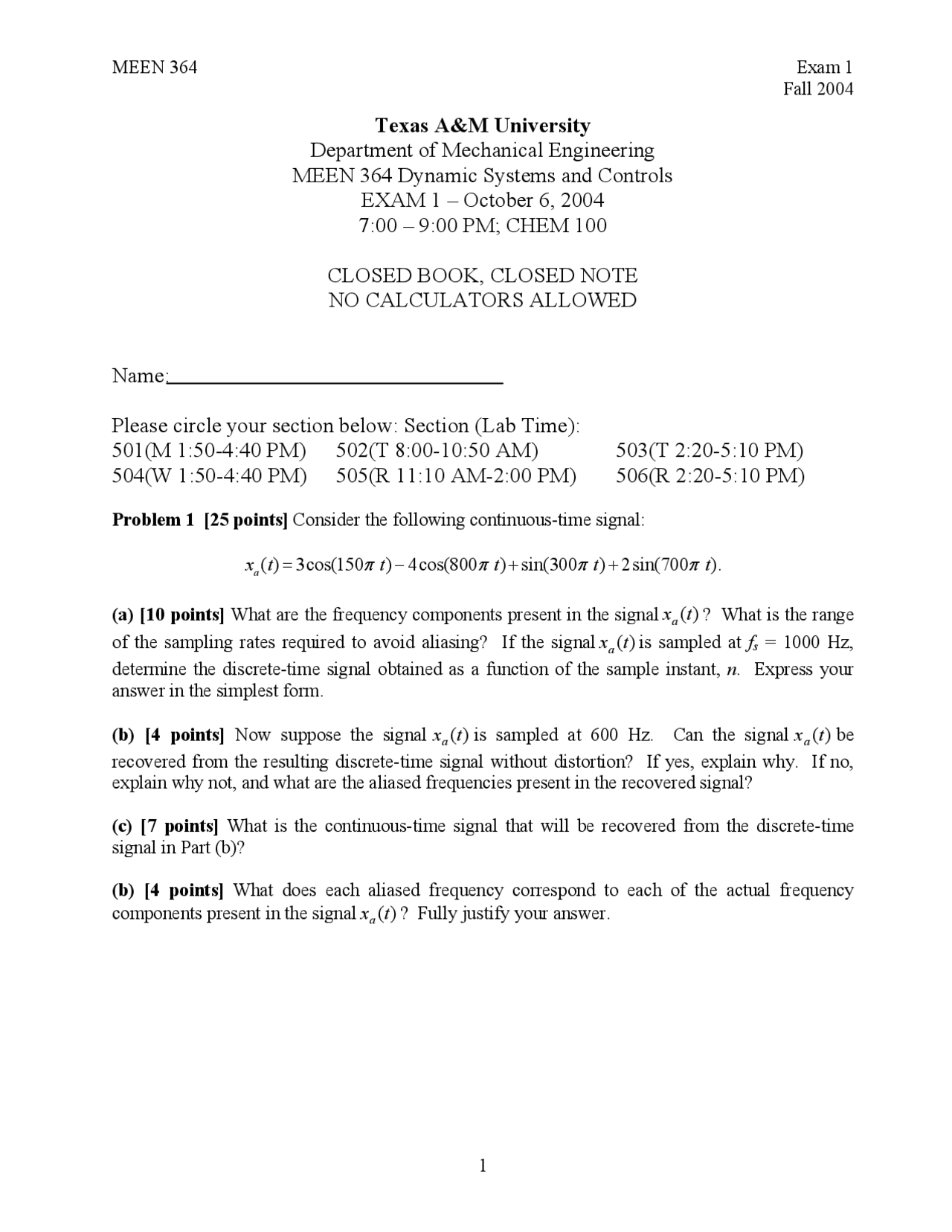 Practice Exam 1 Dynamic System And Control Meen 364 Docsity