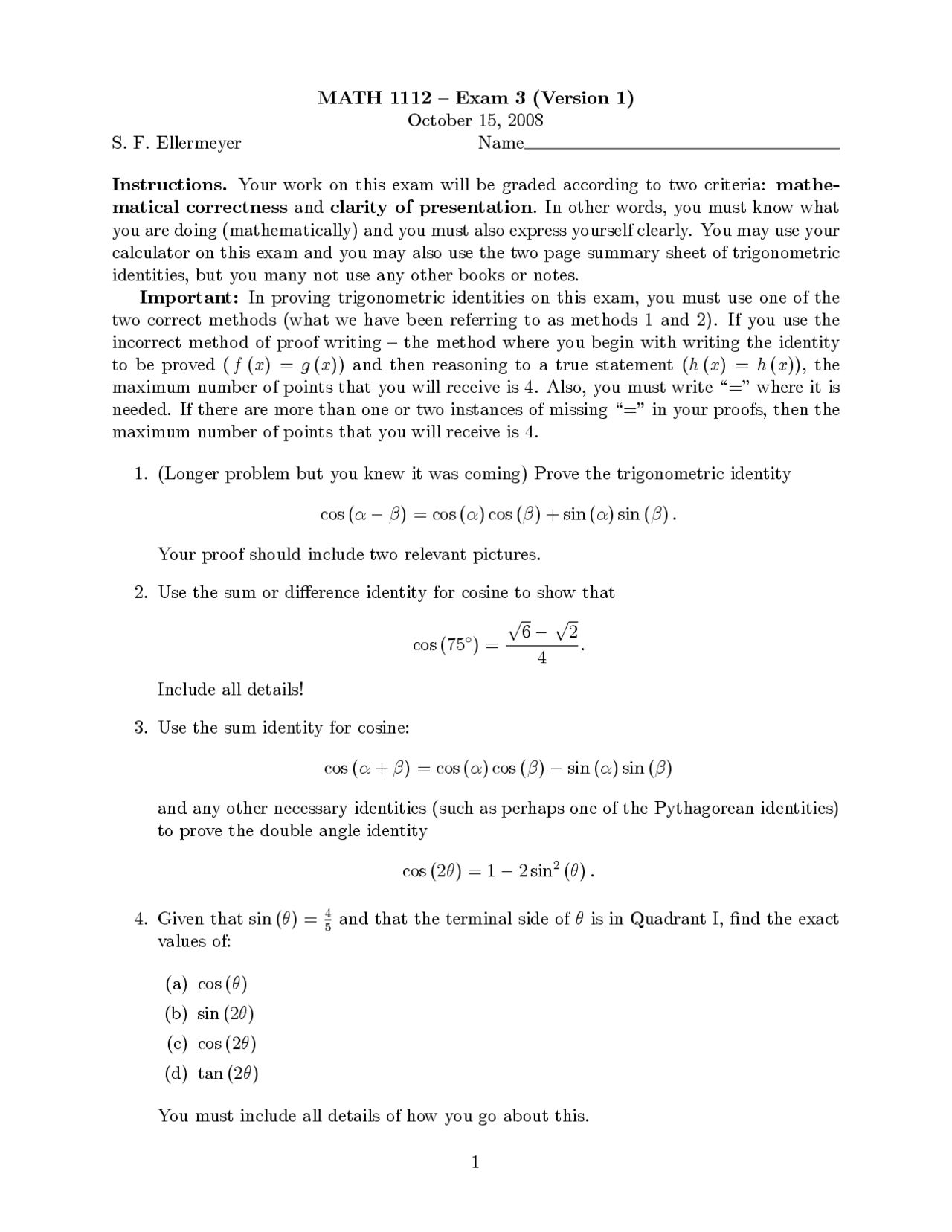 6 Questions Exam 3 College Trigonometry Math 1112 Docsity