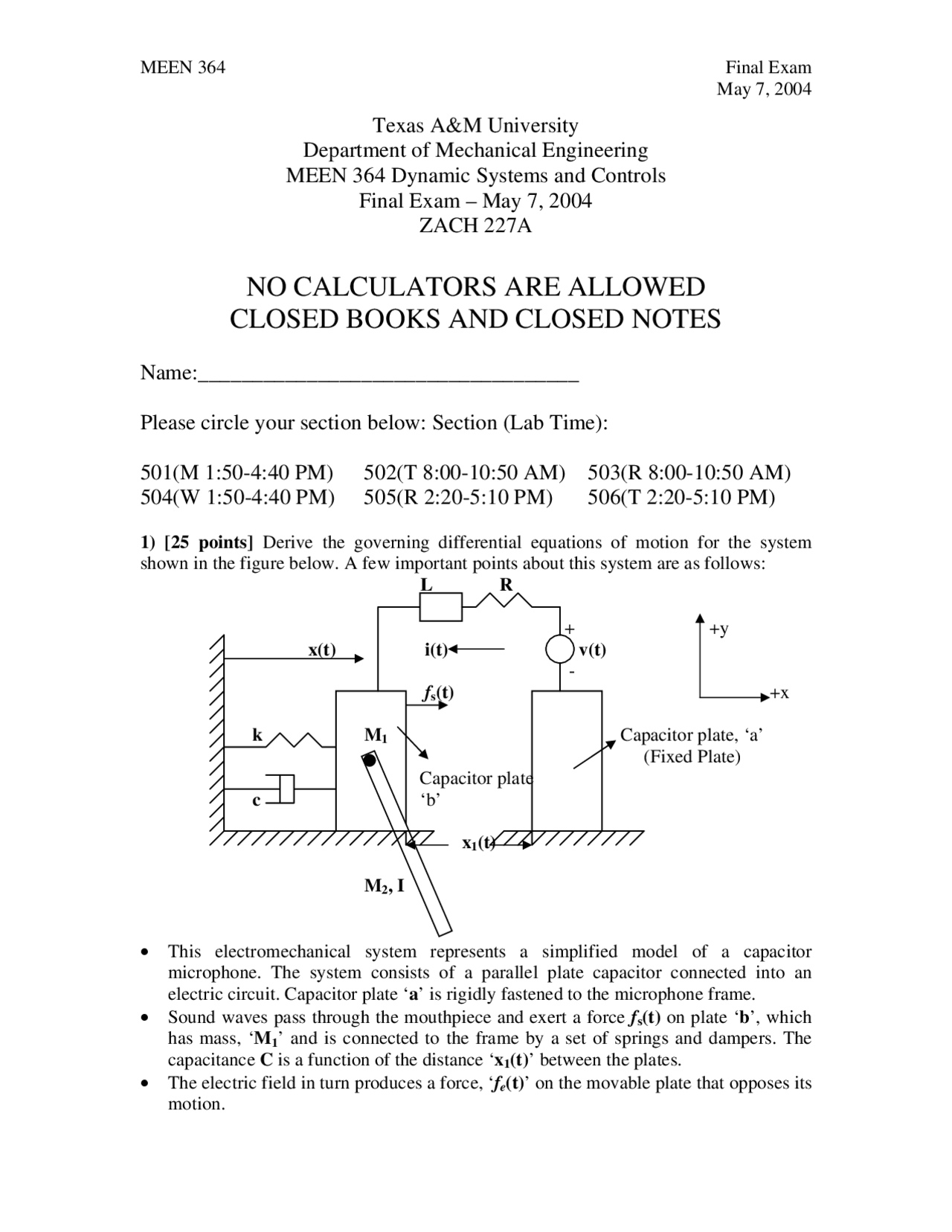 Solutions Final Exam Dynamic System Meen 364 Docsity