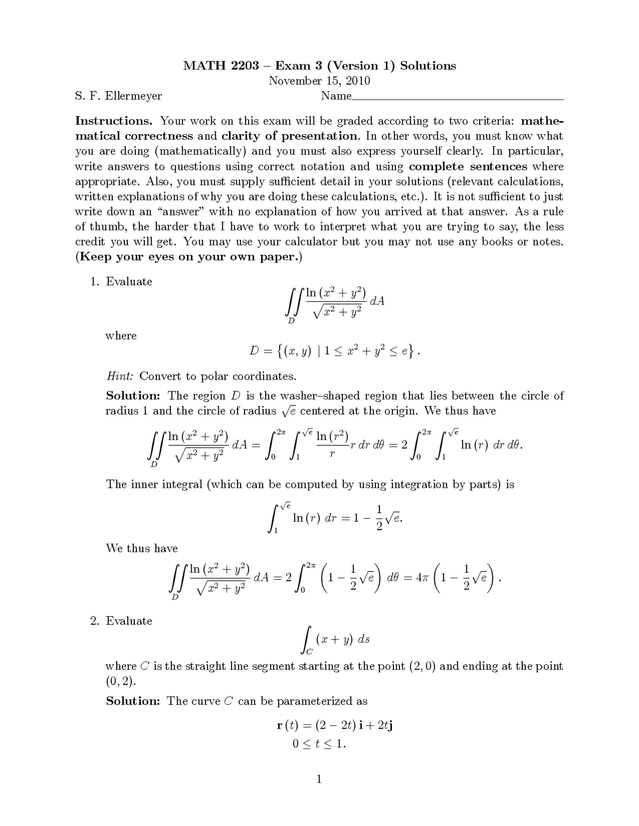 5 Questions On Test 3 Version 1 Calculus Iii Fall 2010 Math 2203