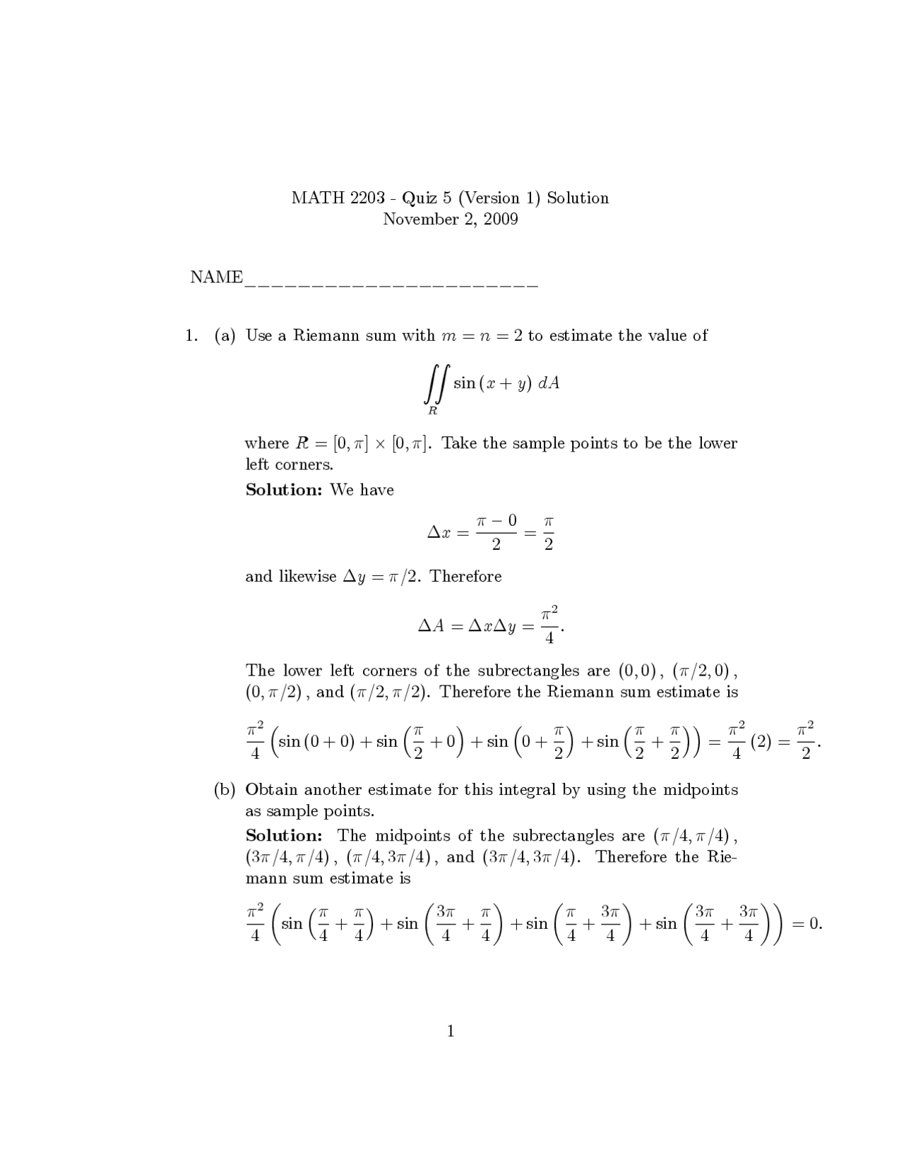 Resolution Of Practice Quiz 5 Calculus Iii Math 2203 Docsity
