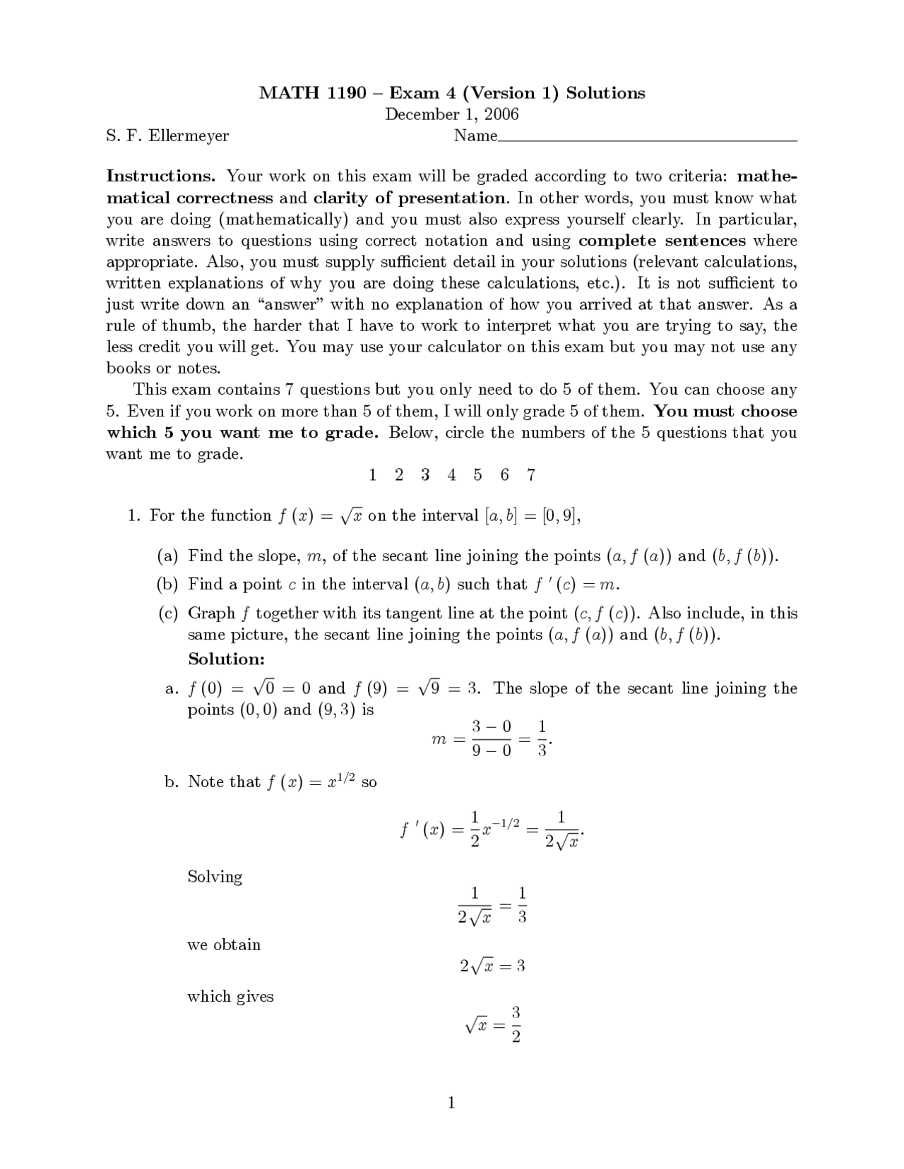 Exam 4 Version 1 Solutions - Calculus I - Honors | MATH 1190 - Docsity