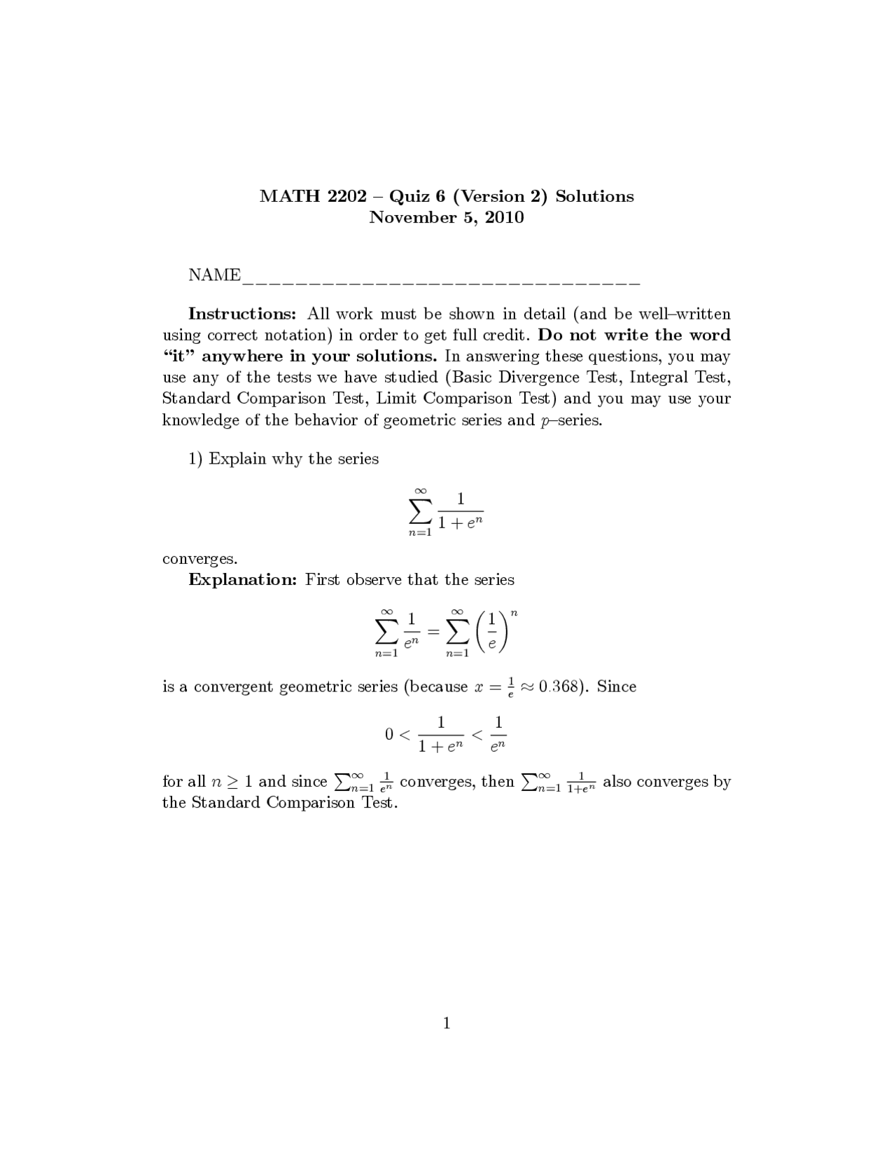 Quiz 6 Version B With Solutions Calculus Ii Math 2202 Docsity