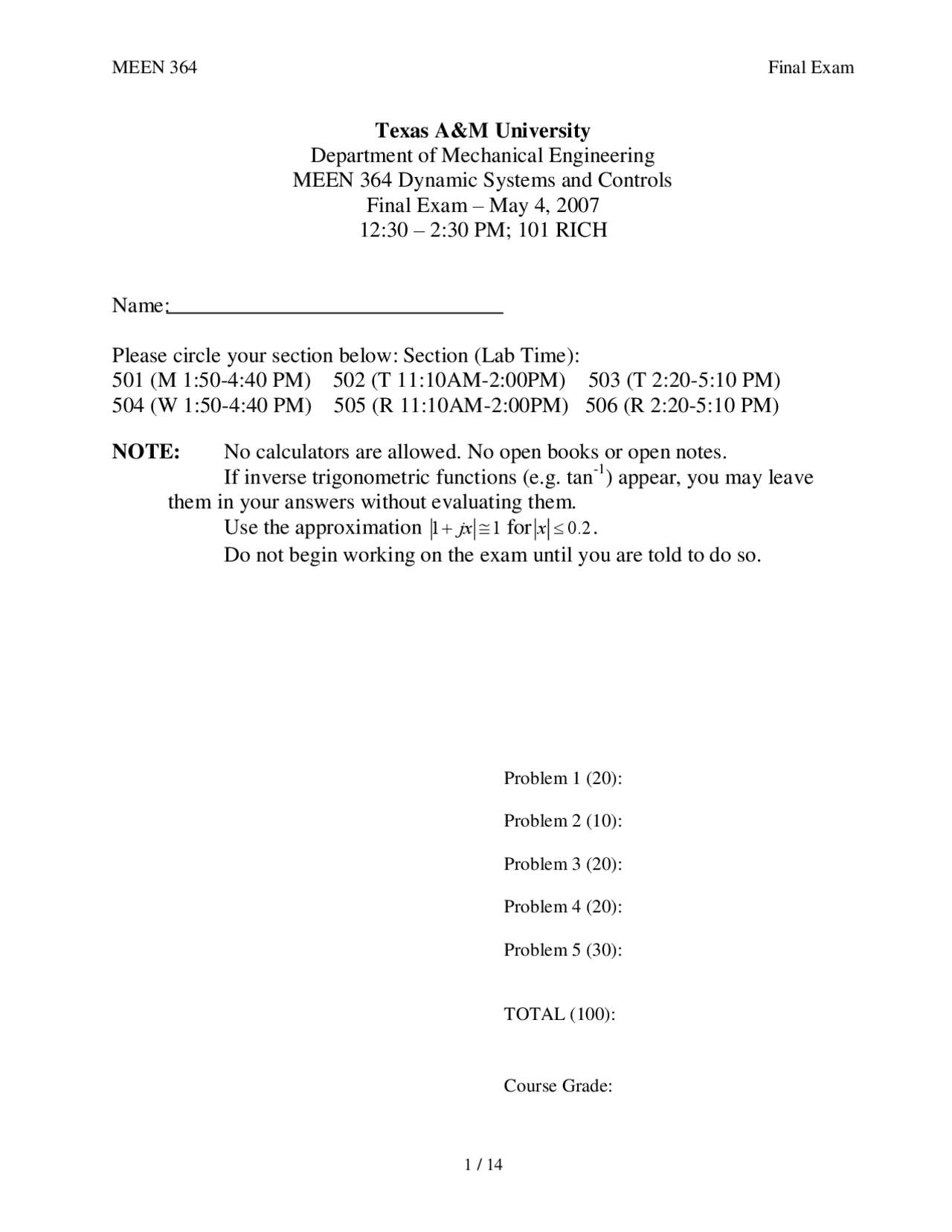 5 Problems On Dynamic System And Control Final Exam Meen 364 Docsity