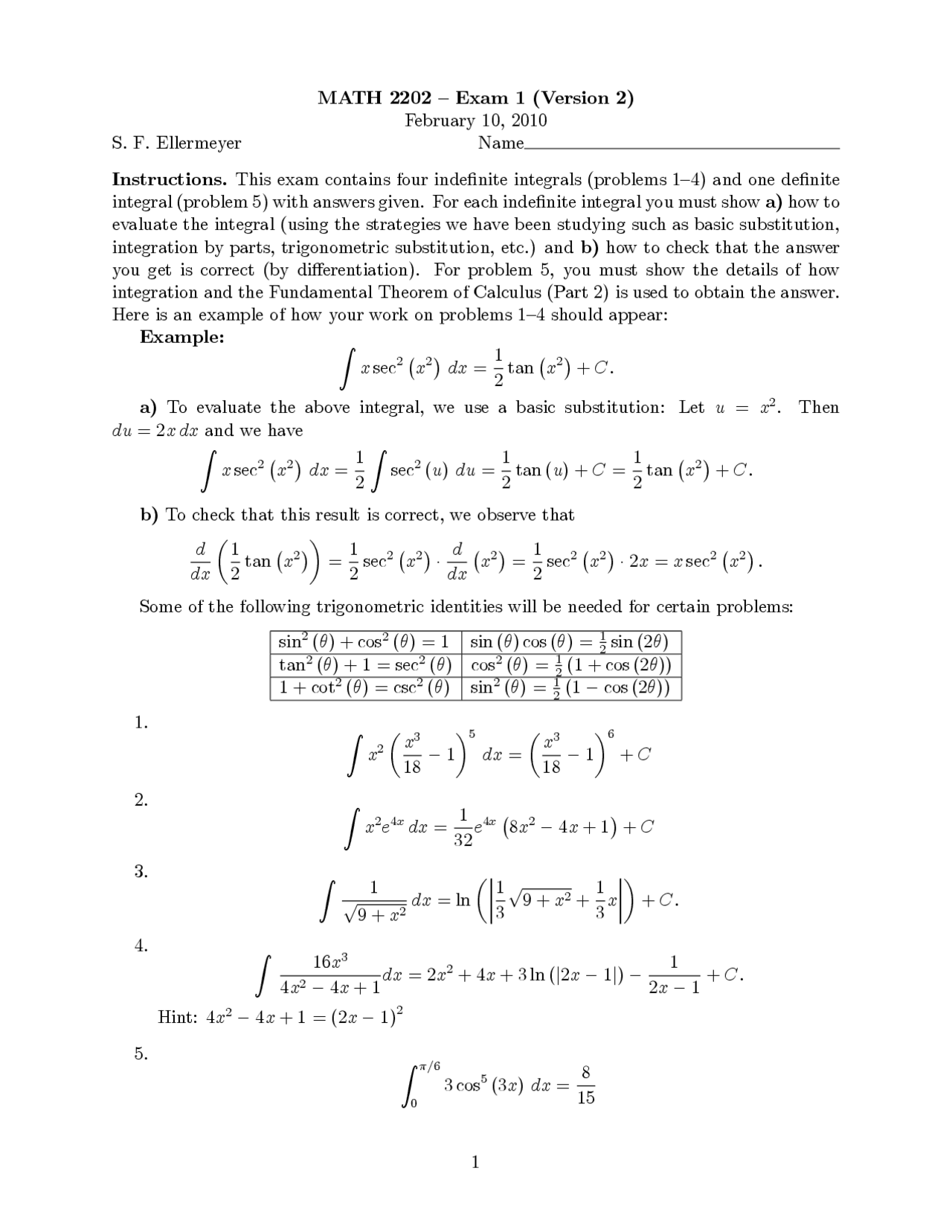 Solved Practice Questions on Exam 1 for Calculus II | MATH 2202 - Docsity