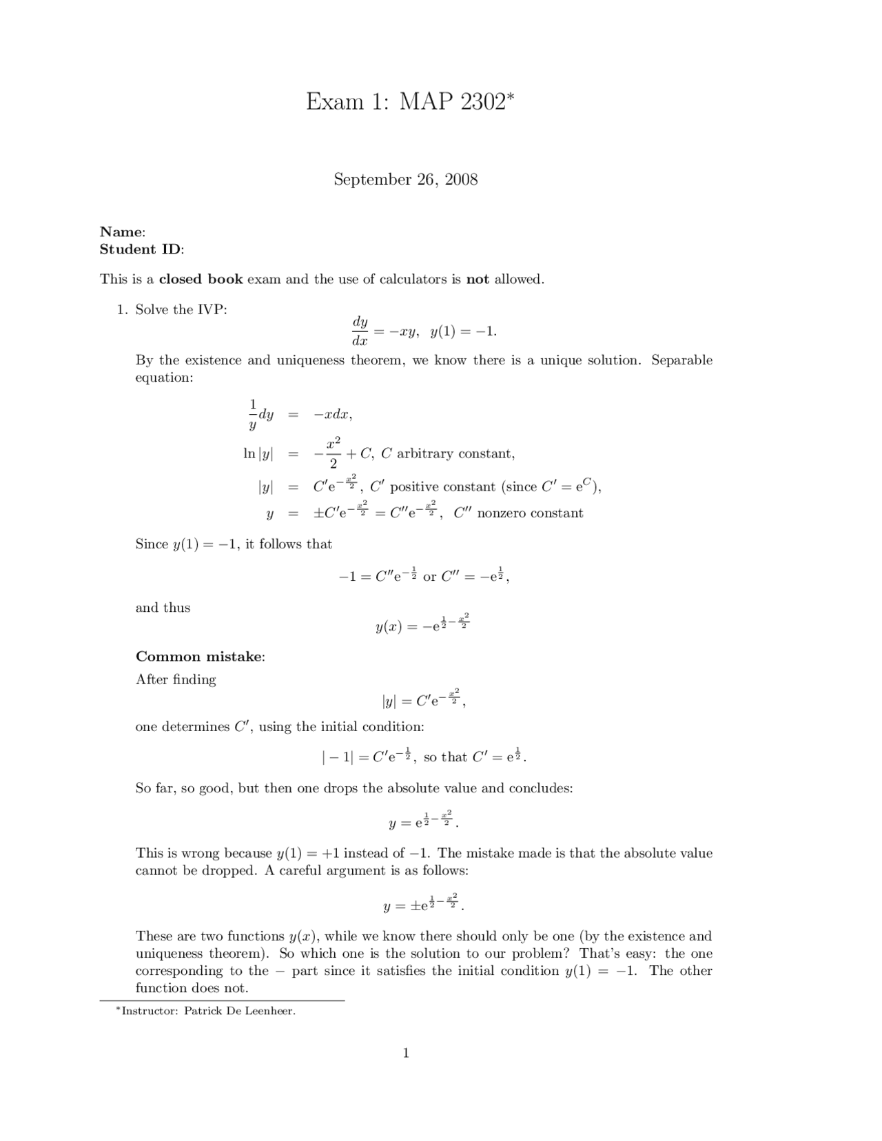 Exam 1 Questions Elementary Differential Equations Map 2302 Docsity
