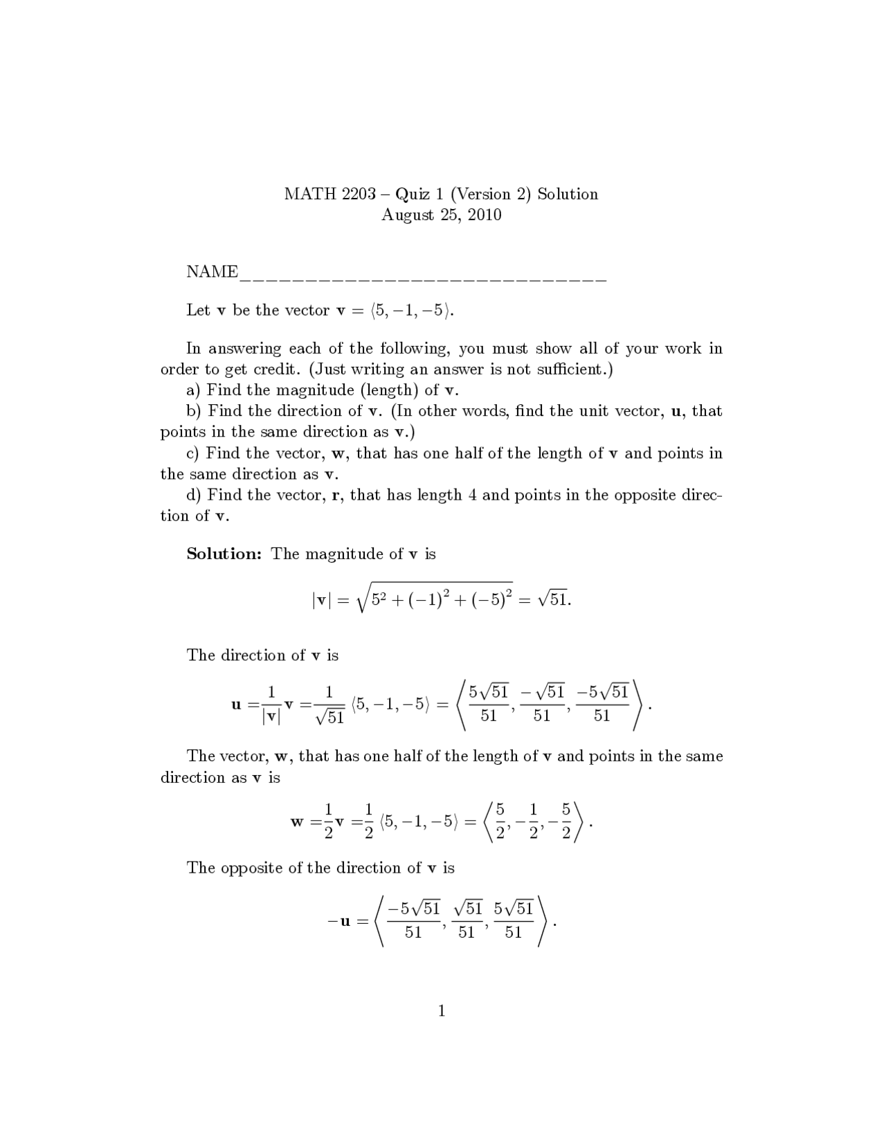 Sample Quiz 1 With Answers Calculus Iii Fall 2010 Math 2203 Docsity
