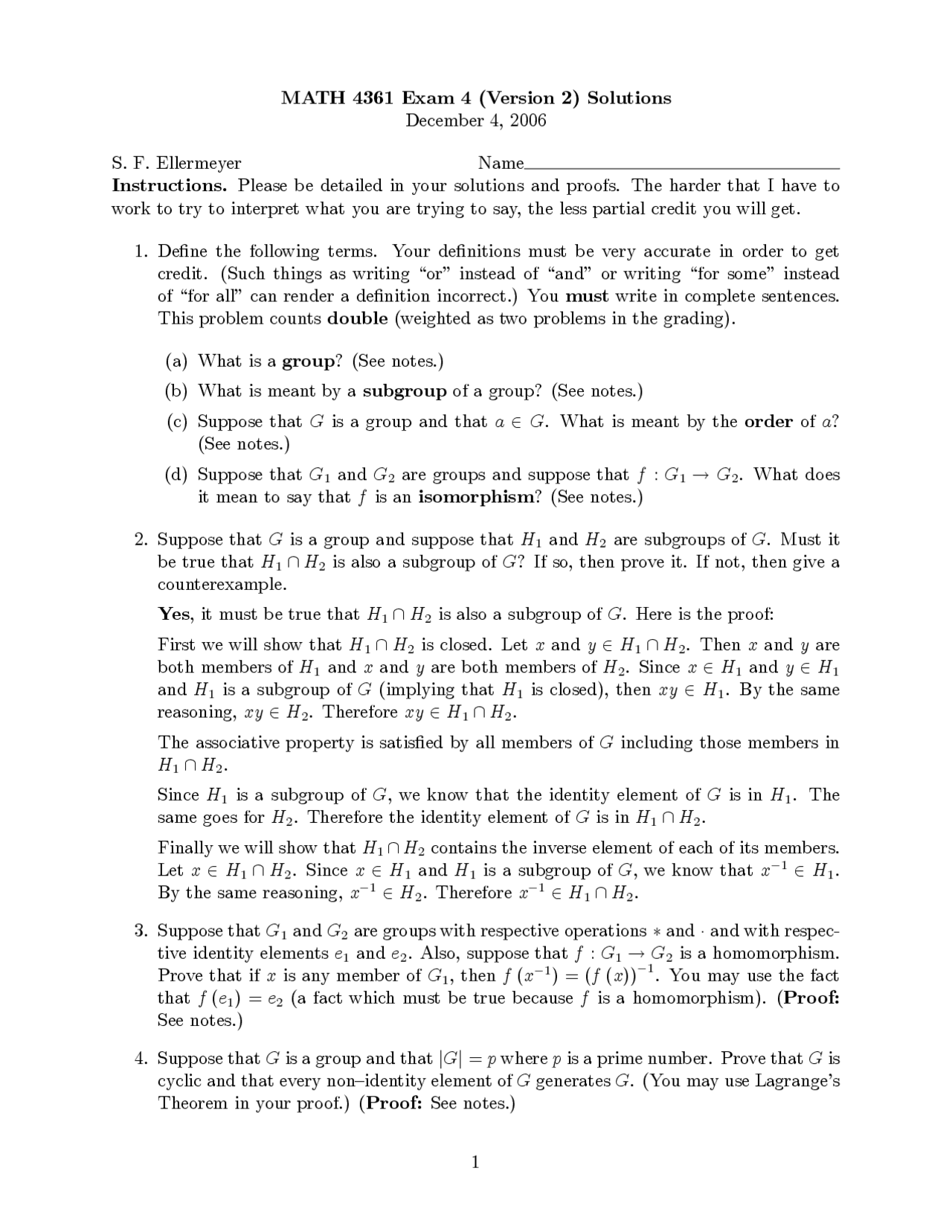 Exam 4 Solutions - Modern Algebra I | MATH 4361 - Docsity