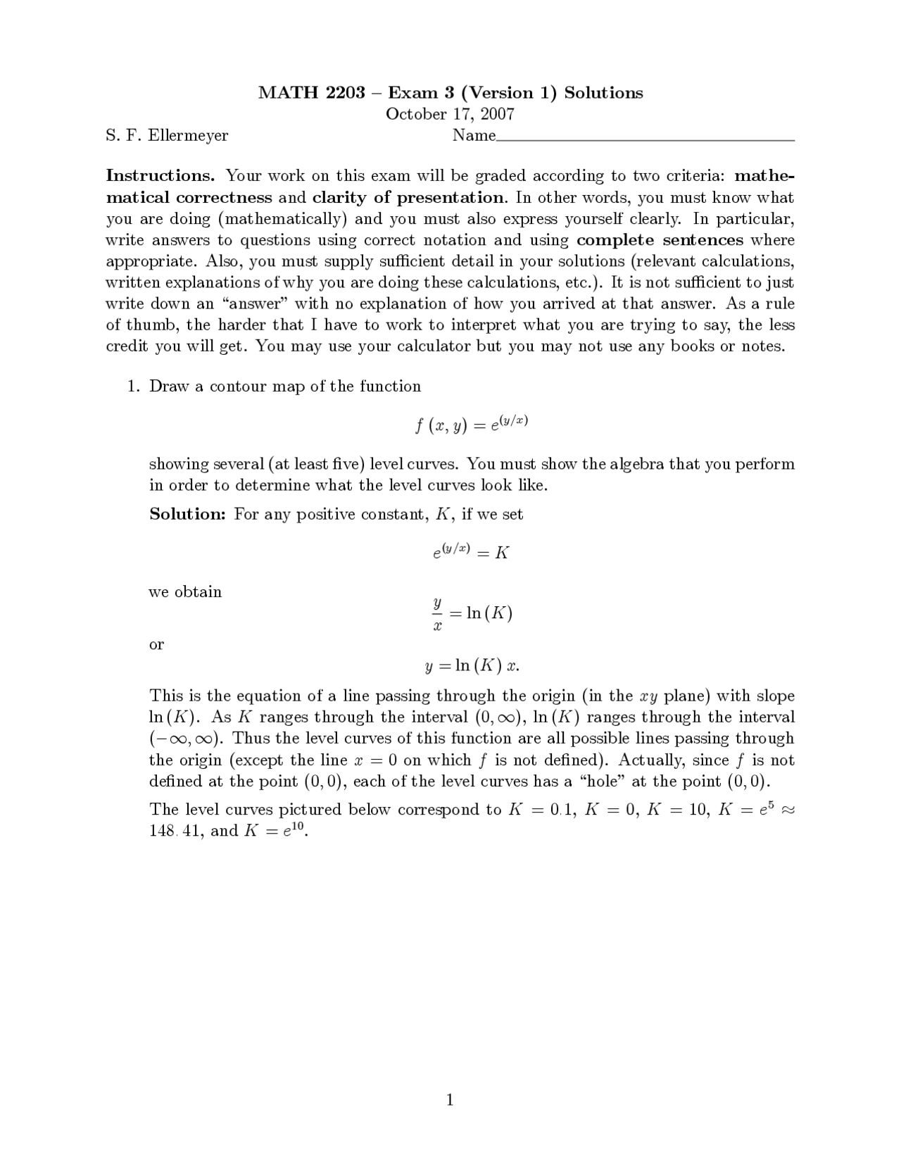 Solutions For Exam 3 Version 1 Calculus Iii Math 2203 Docsity