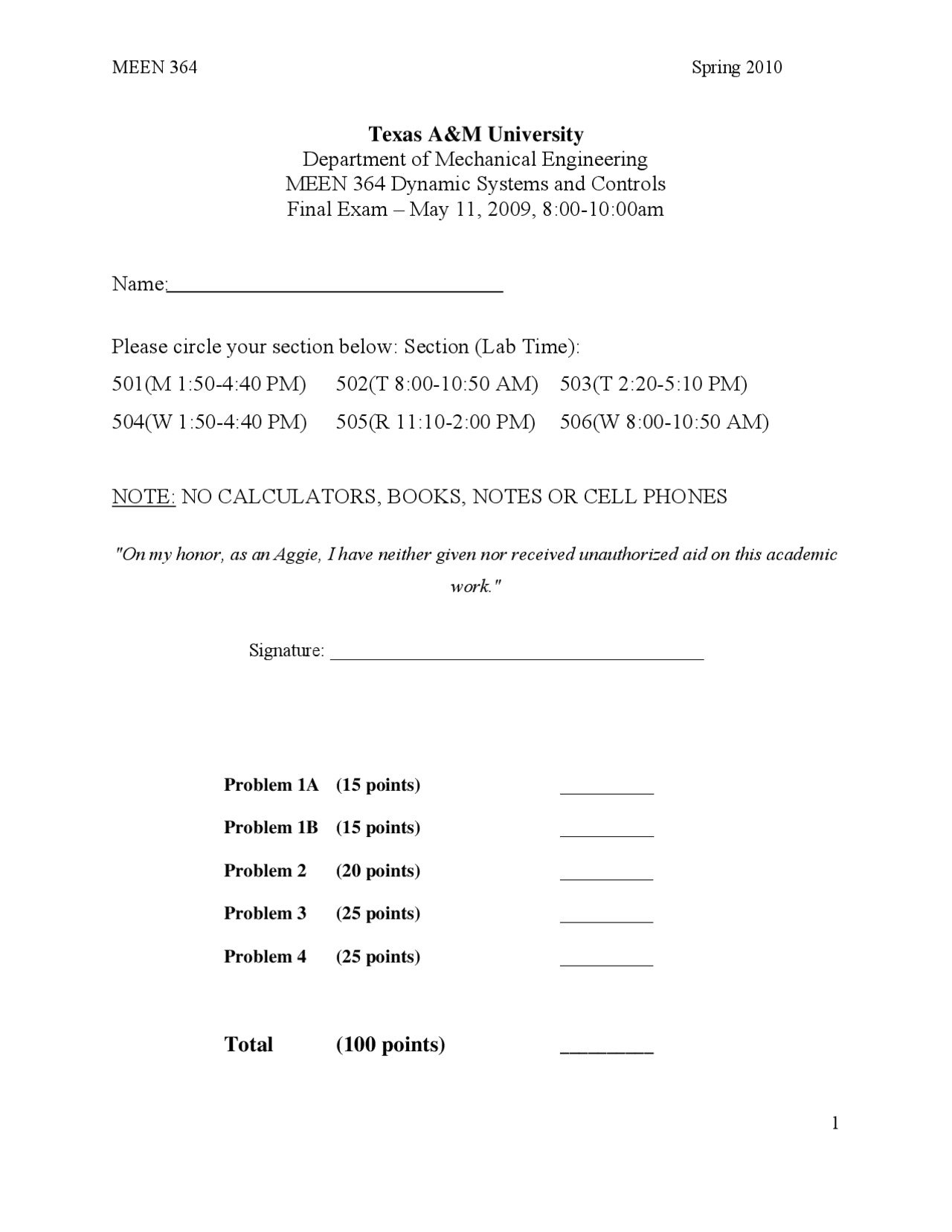 Final Exam with Solutions - Dynamics Systems and Control | MEEN 364 | Exams Mechanical ...