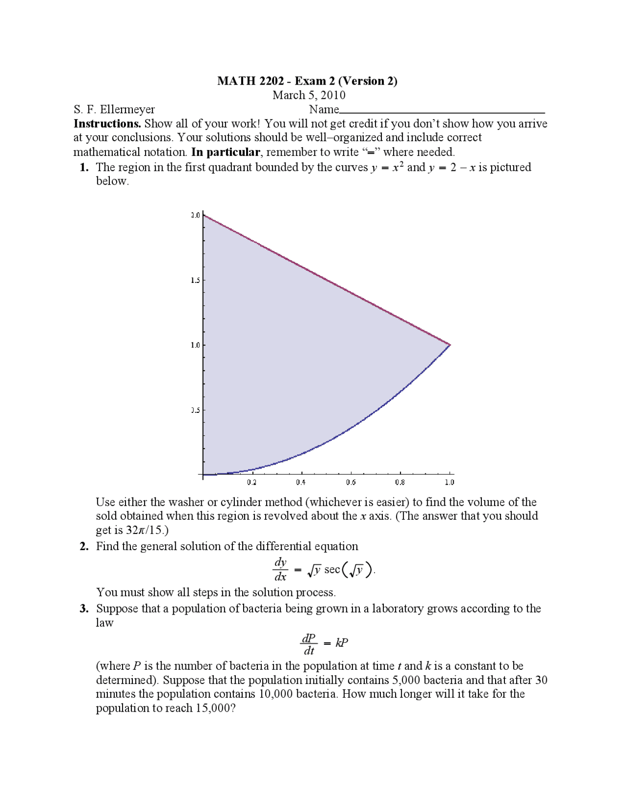 5 Problems On Calculus Ii Past Exam 2b Math 2202 Docsity