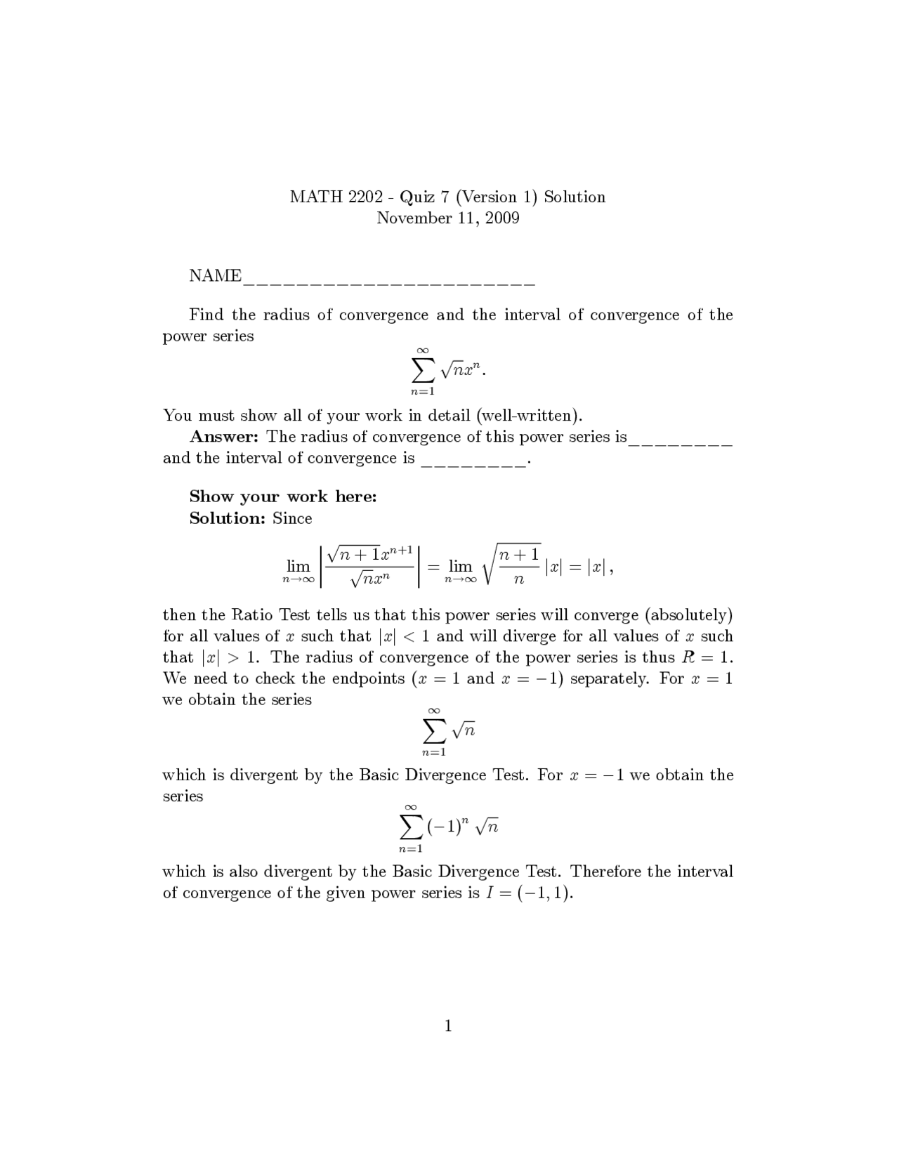 Problem On A Radius Of Convergence In Calculus Ll Quiz 7 Math 2202