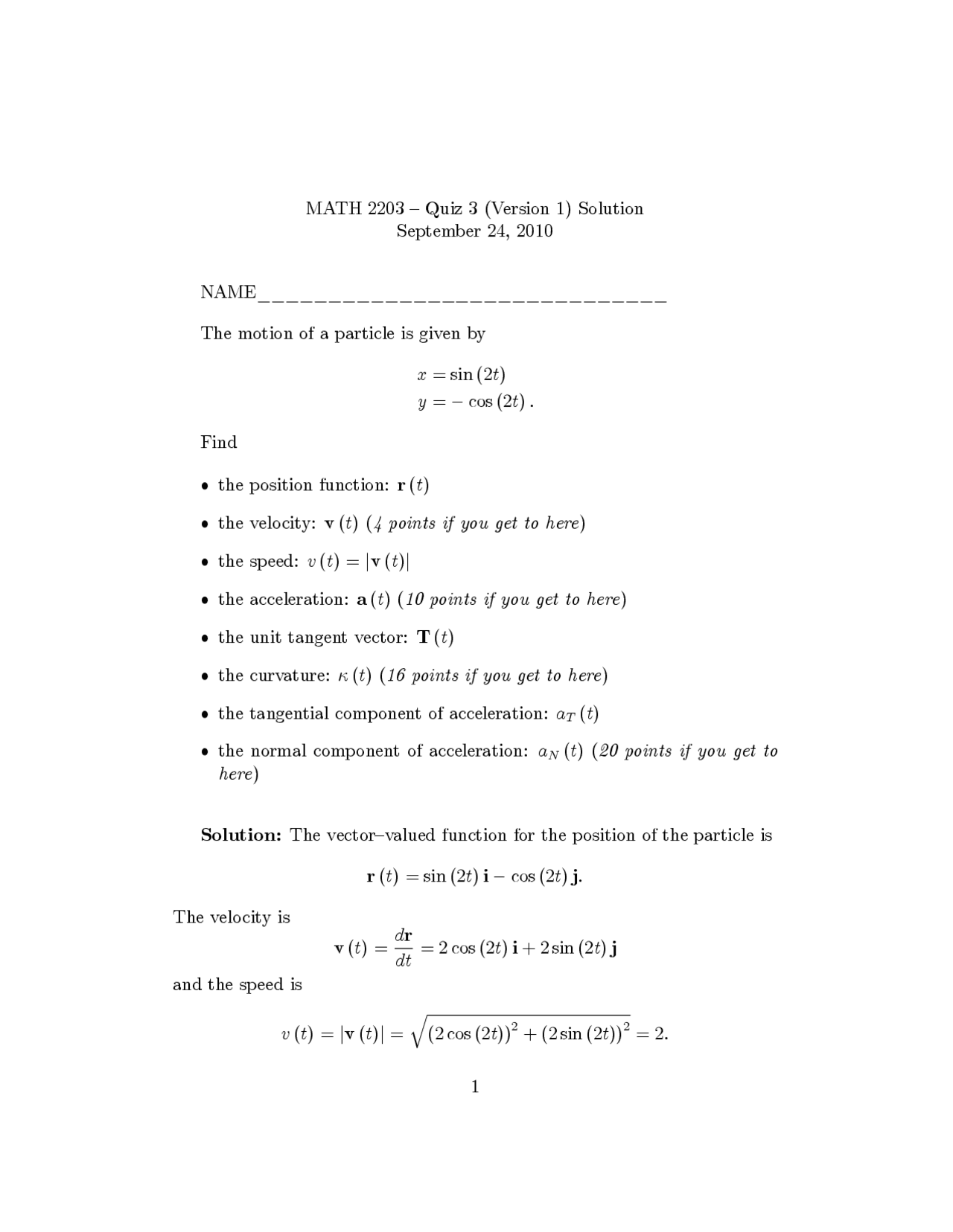 Questions on Calculus III with Answers - Quiz 3 Version A | MATH 2203 - Docsity