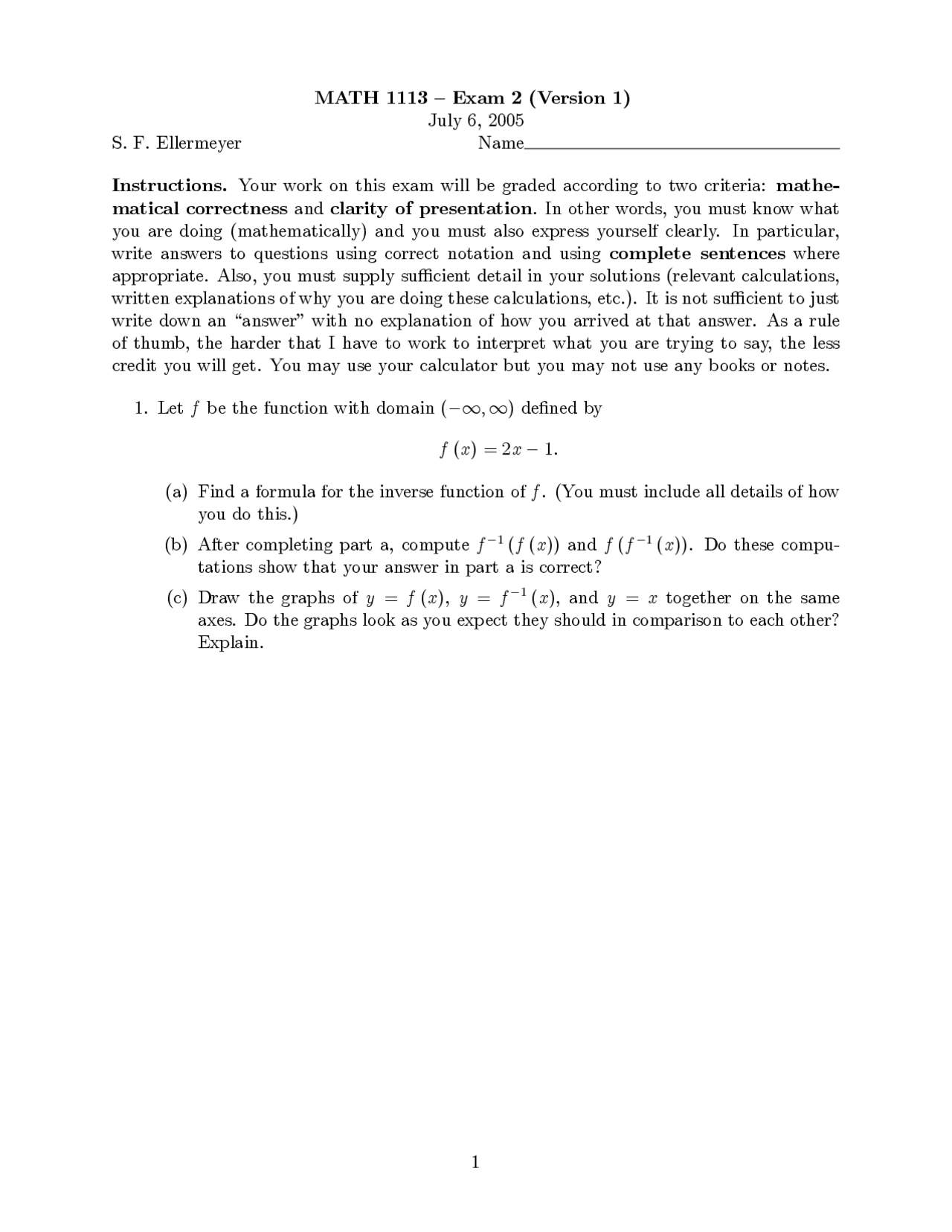 Exam 2 Questions Precalculus For Honors 2005 Math 1113 Docsity