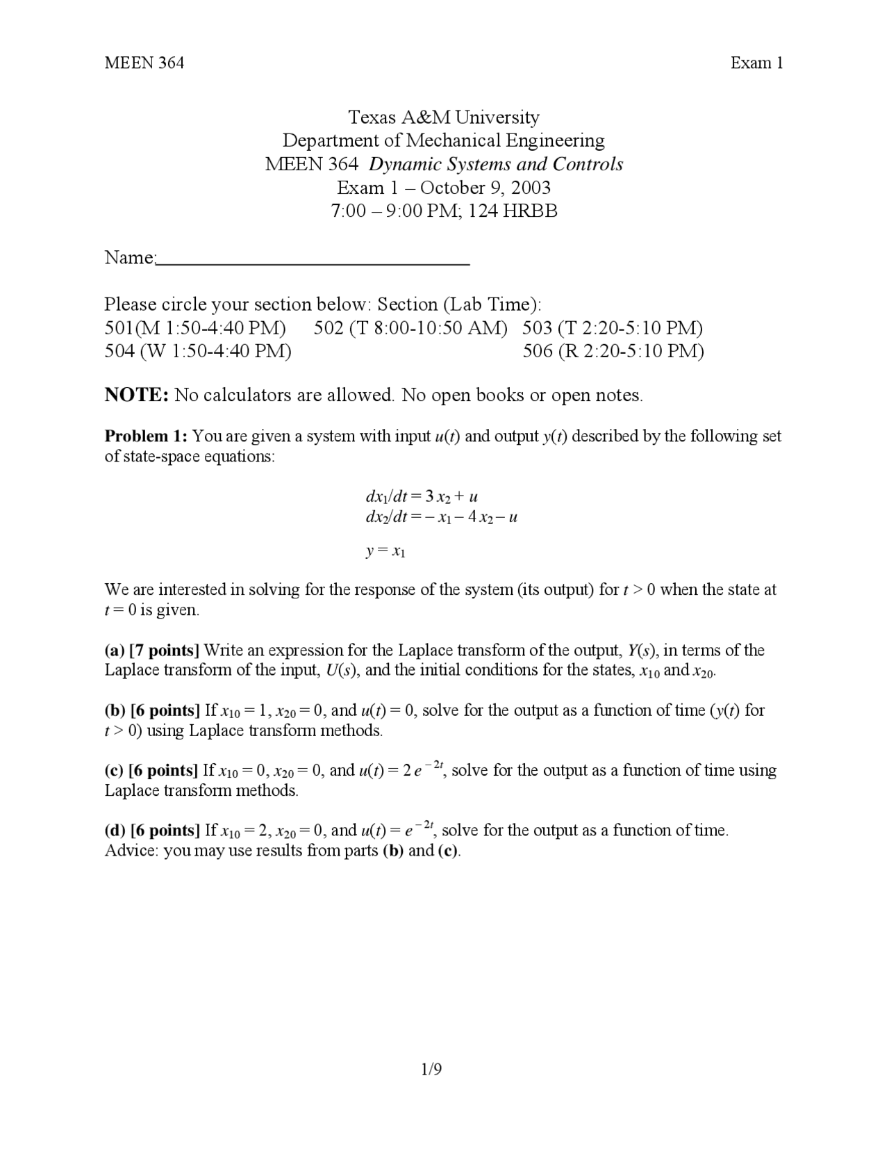 Exam 1 For Dynamics System And Control Meen 364 Docsity