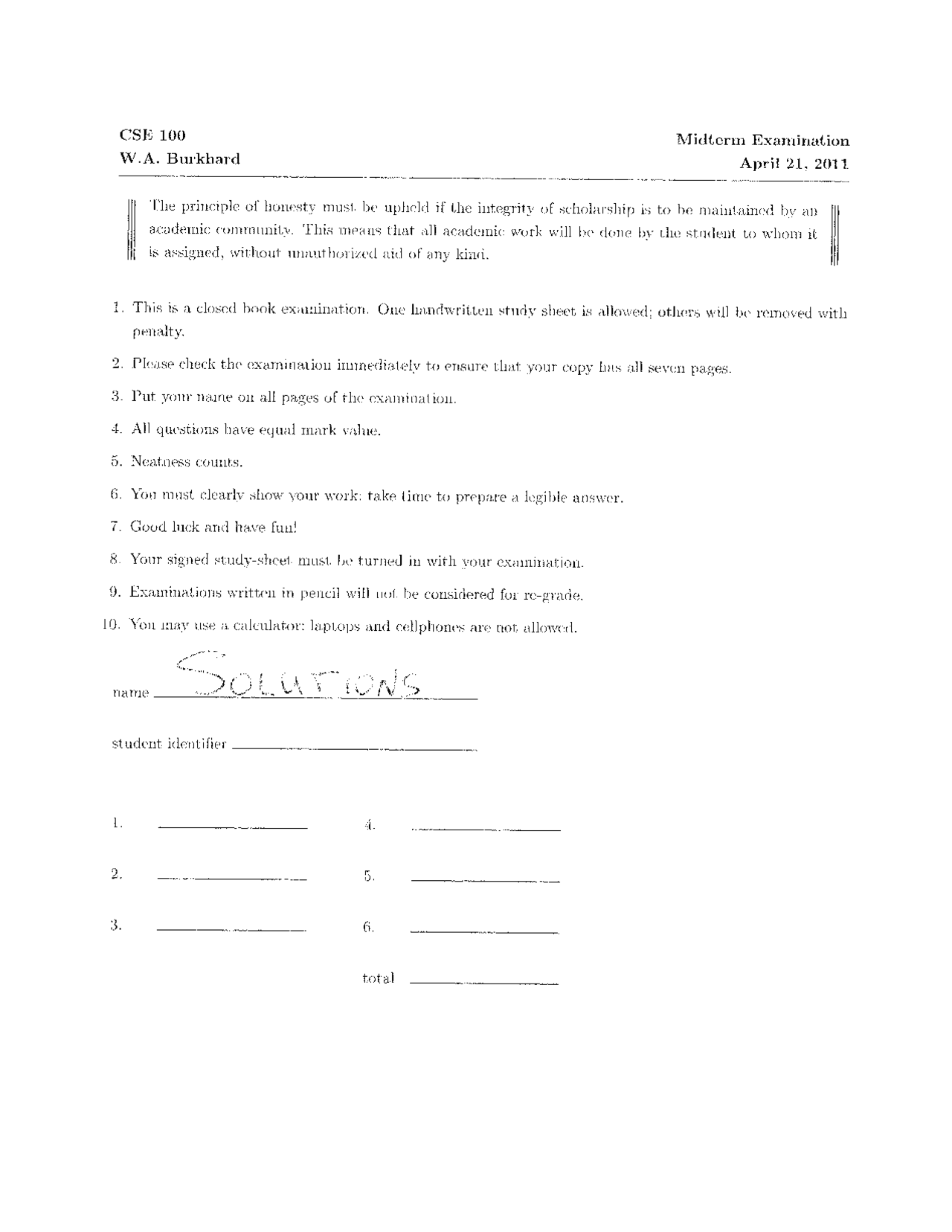 Midterm Exam Solutions Advanced Data Structures Cse 100 Docsity