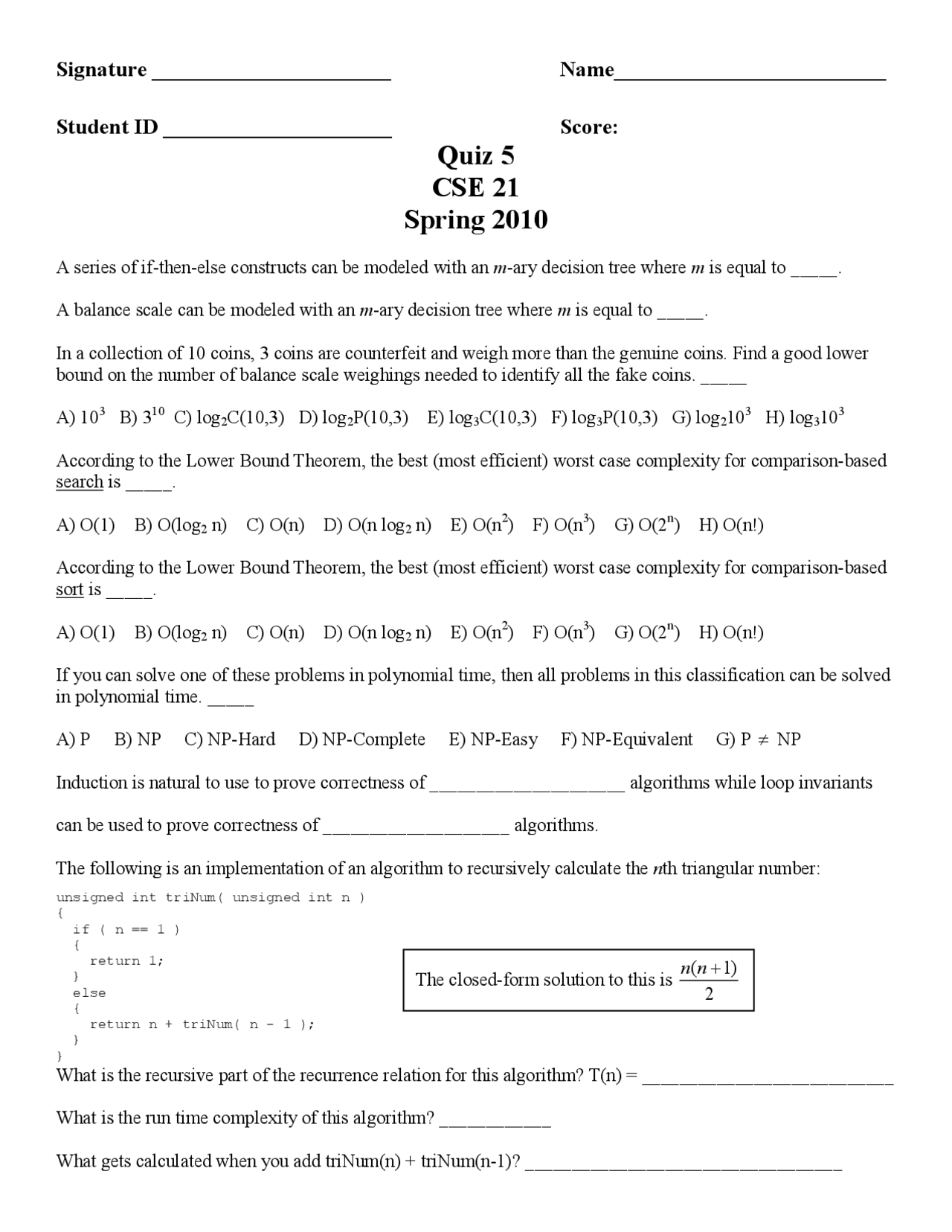 Mathematics And Algorithms Quiz 5 Questions Cse 21 Docsity