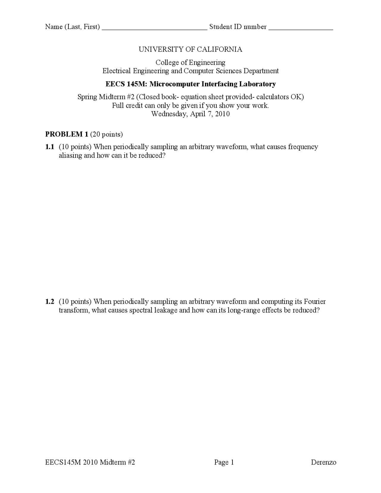 Microcomputer Interfacing Laboratory Midterm Exam 2 El Eng C145m