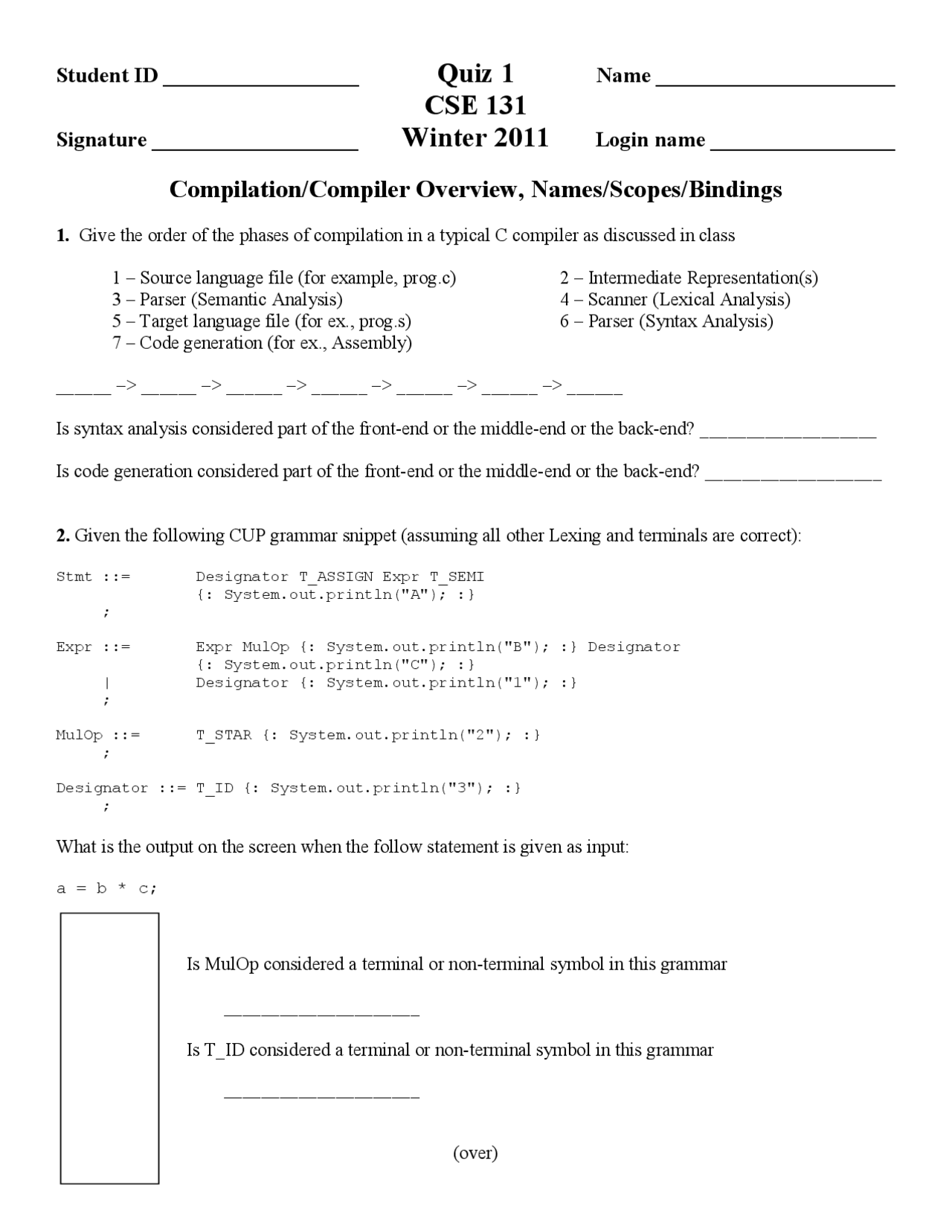 Quiz 1 For Compiler Construction Cse 131 Quizzes Computer Science Docsity