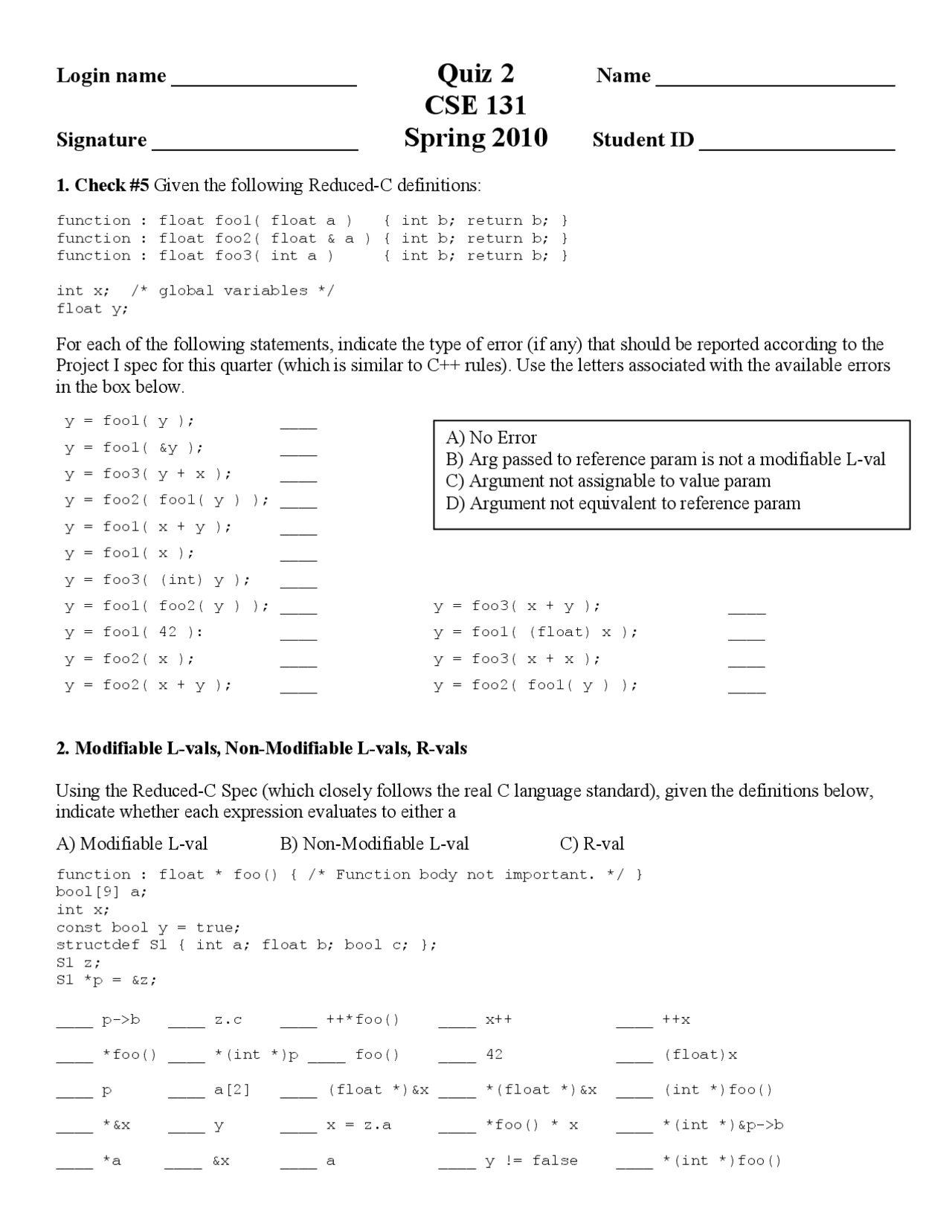 5 Questions On Compiler Construction For Quiz 2 Cse 131 Docsity